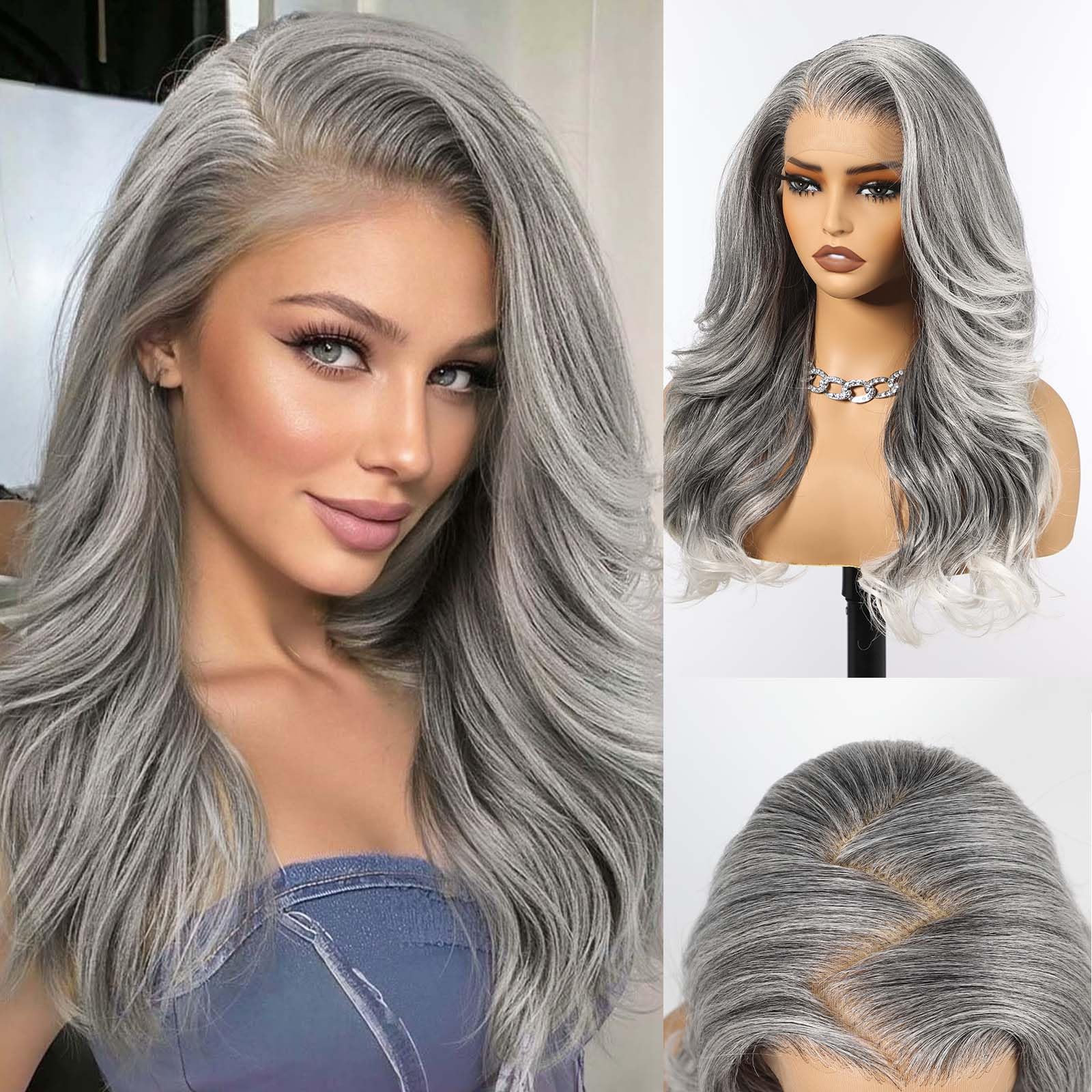 HAIRCUBE 13x6 HD Synthetic Lace Front Wig, 24 Inch Gray Long Curly ...