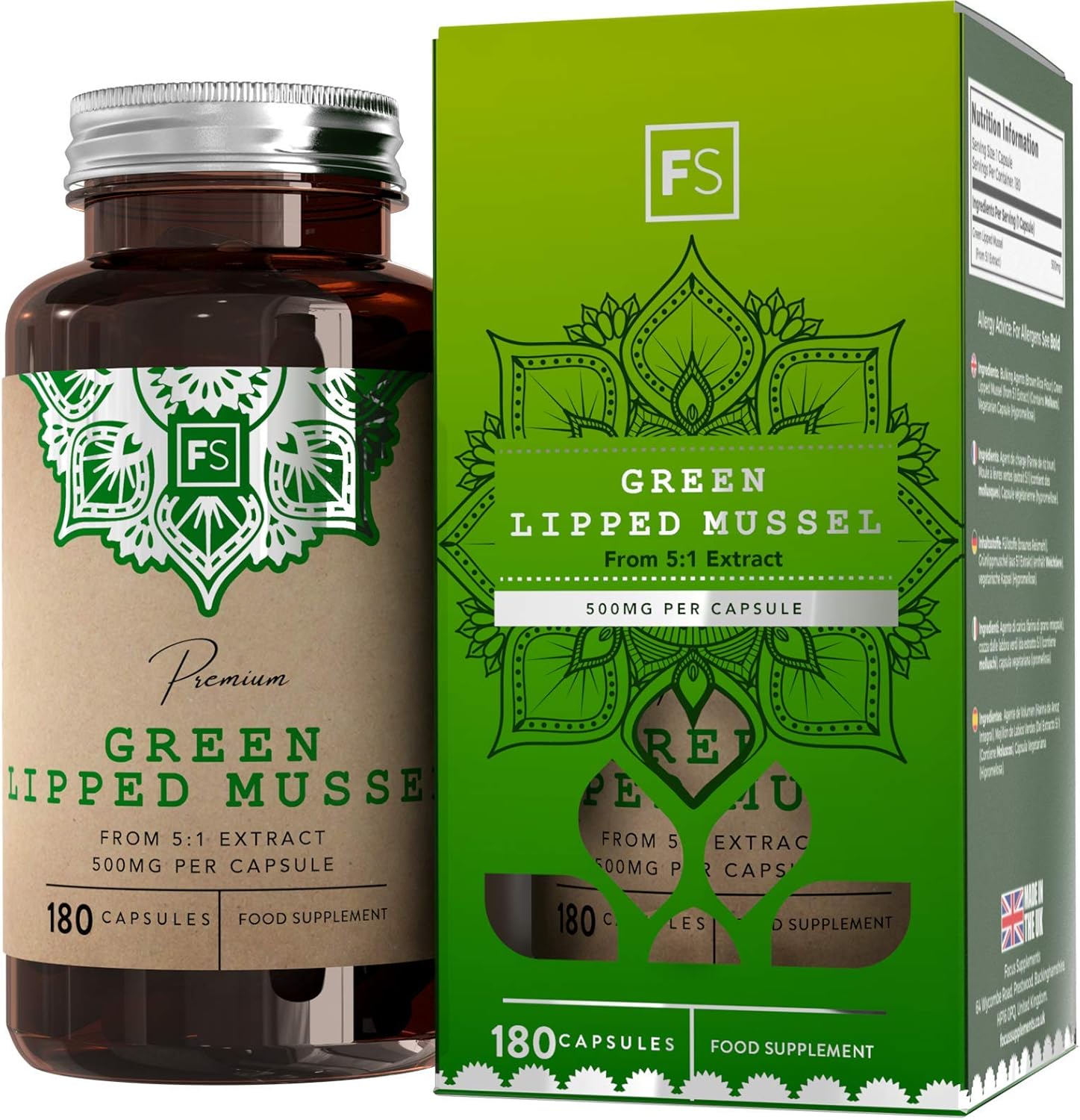FS Green Lipped Mussel for Humans Supplement | 500mg Per Serving | 180 ...