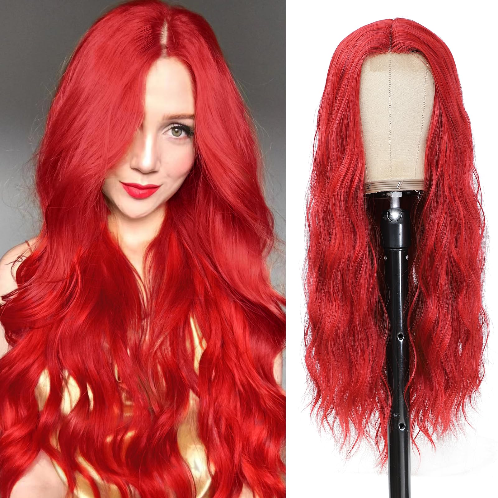 YBYMCAI Red Wig - Long Red Wavy Wigs for Women Middle Part Red Wig 26 ...