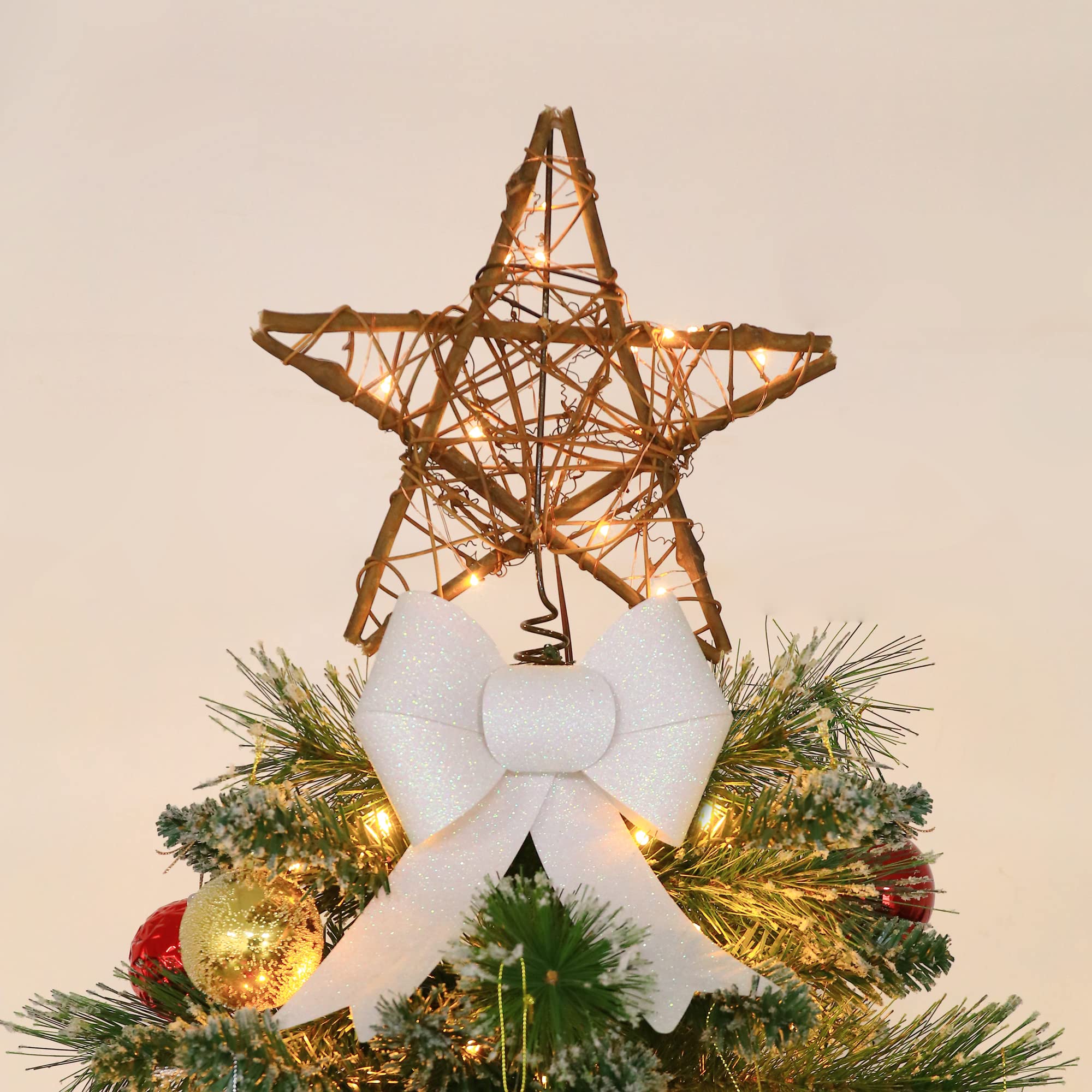 Christmas Tree Topper,Lighted Branch Rattan Star Tree Topper with 15 ...