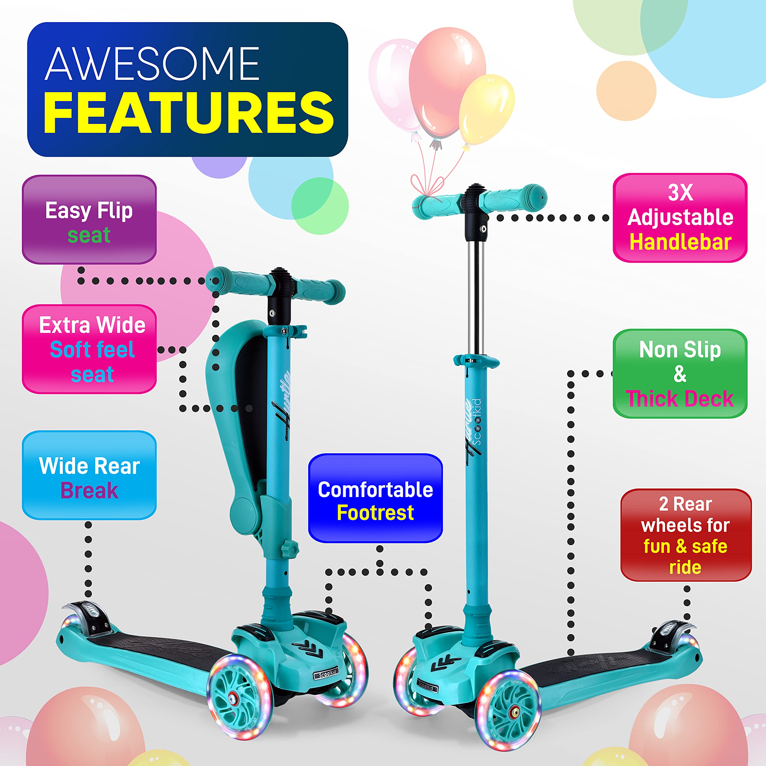 Mua Hurtle 3-Wheeled Scooter for Kids - Wheel LED Lights, Adjustable ...