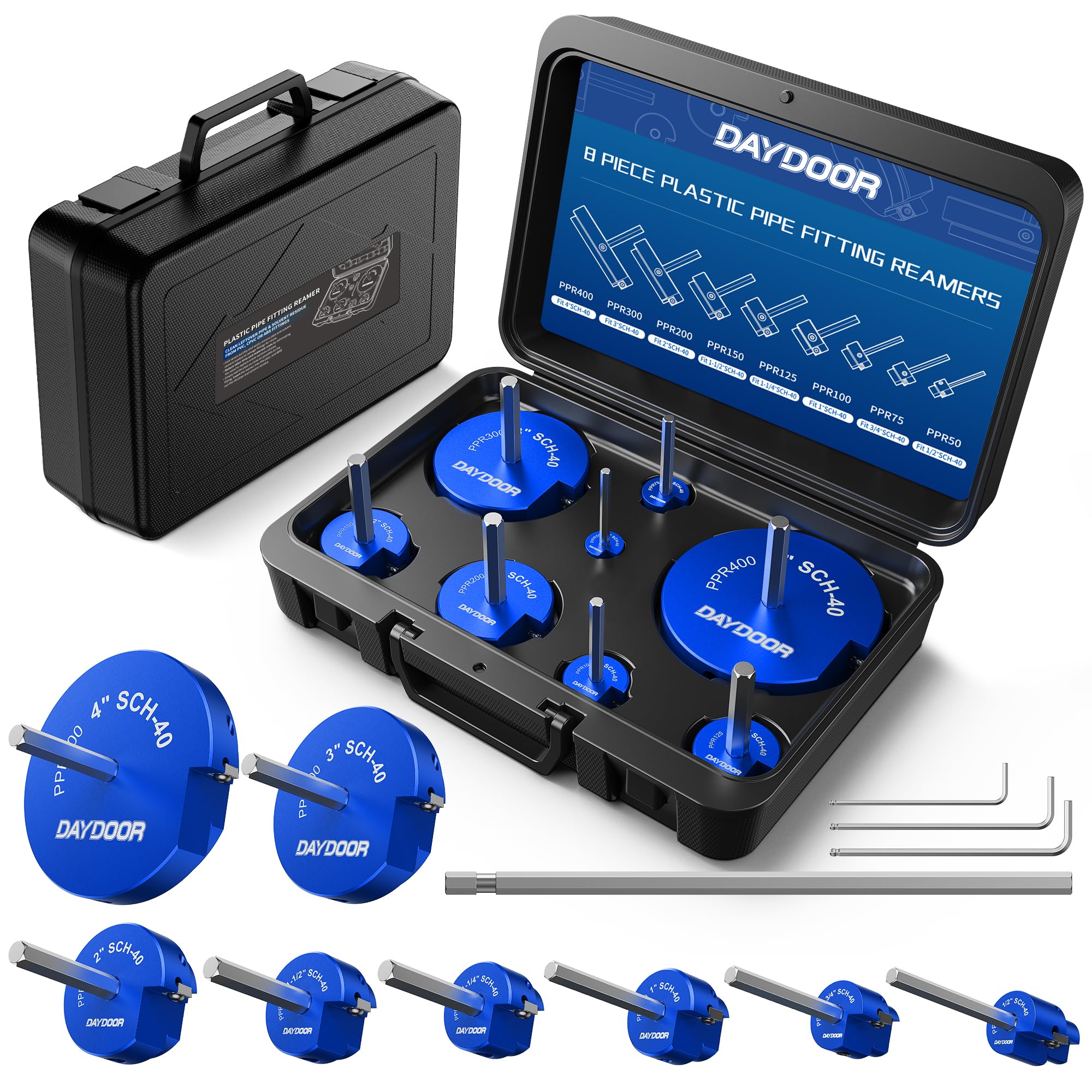 DAYDOOR PVC Pipe Reamer Kit, Plastic Pipe Fitting Reamer Contains 1/2'', 3/4'', 1'', 1 1/4'', 1 ...