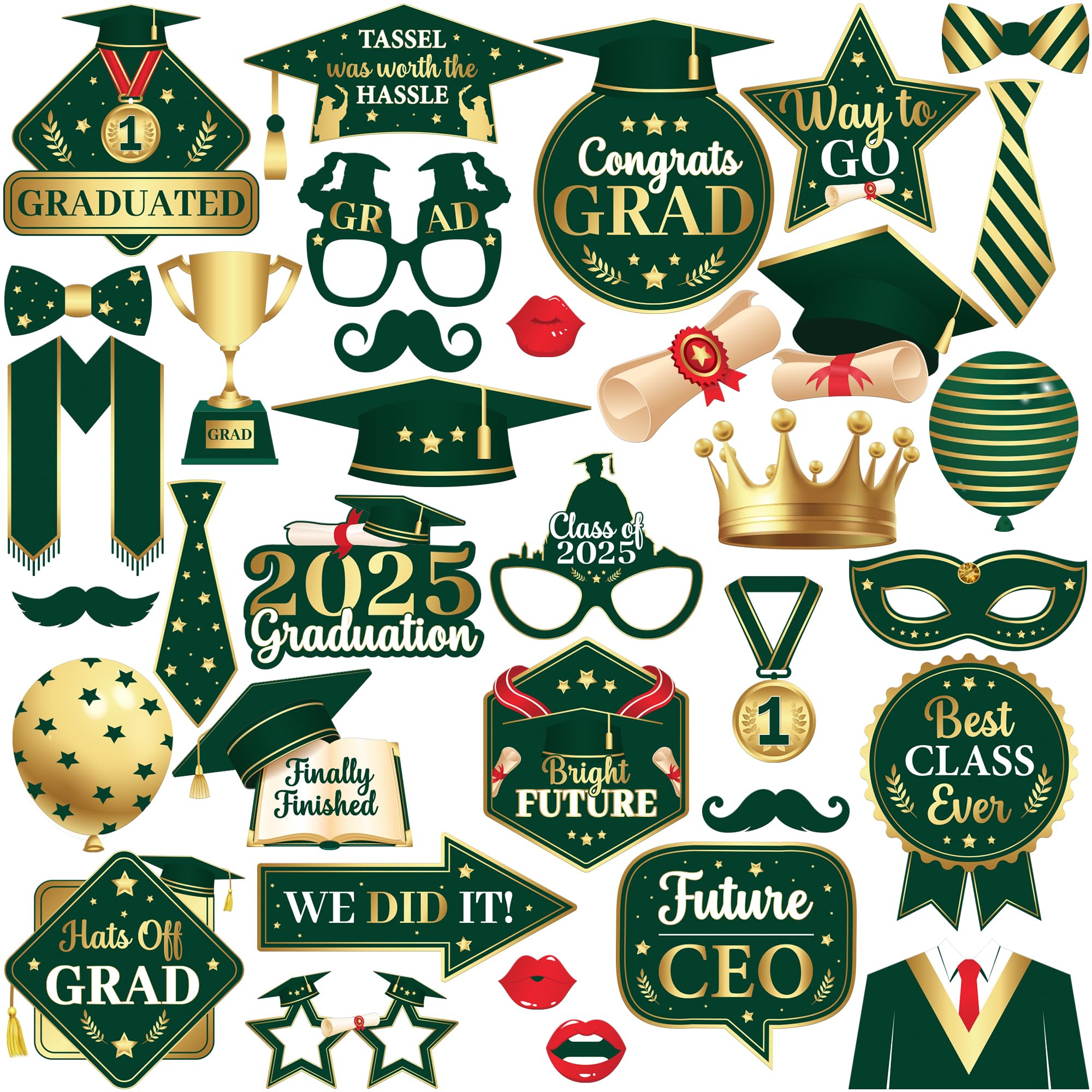 KatchOn, Green and Gold Graduation Photo Booth Props 2025 - Pack of 35 ...