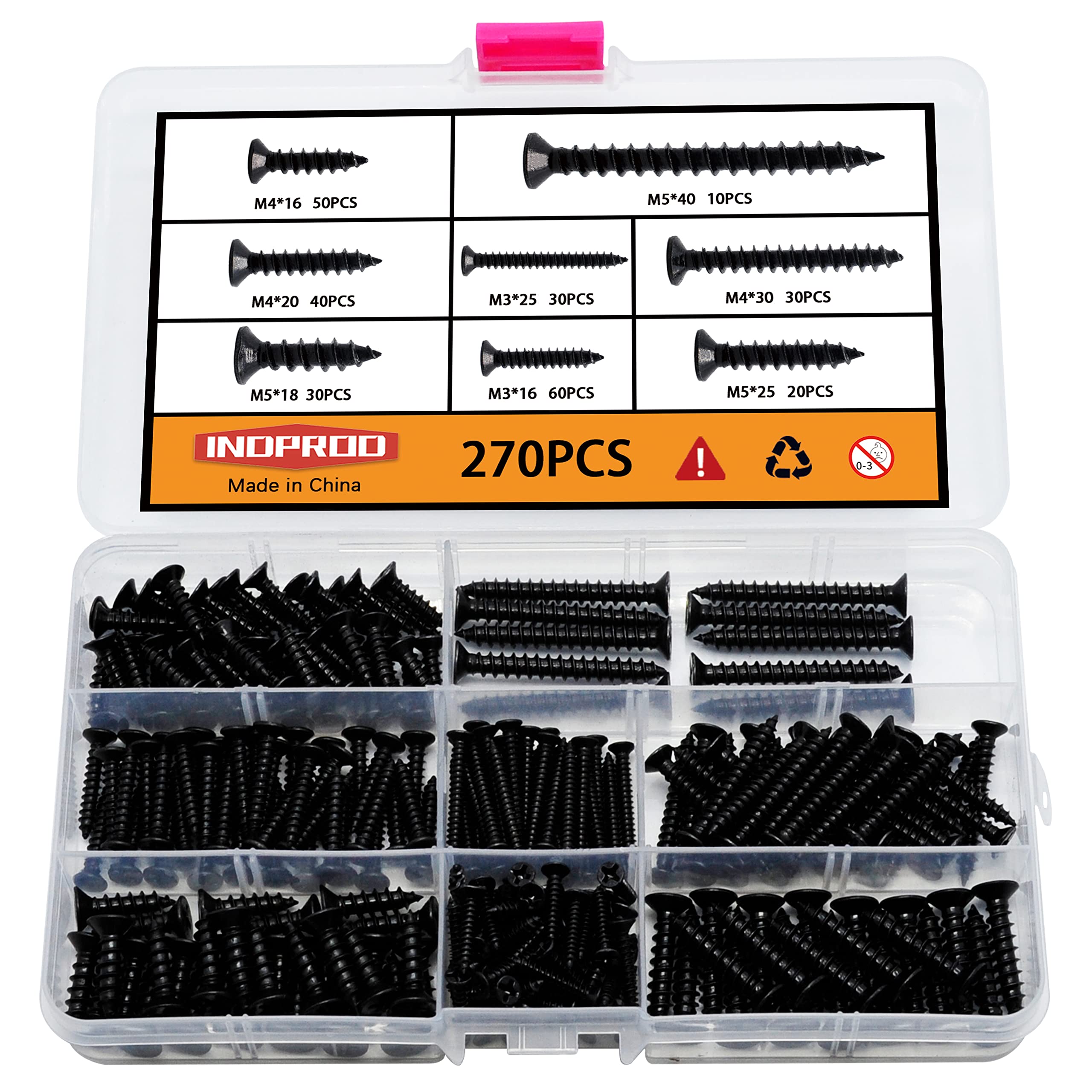 Mua Indprod M3/M4/M5 Flat Head Self Tapping Wood Screws Assortment Fasteners Kit 270Pcs,Phillips ...