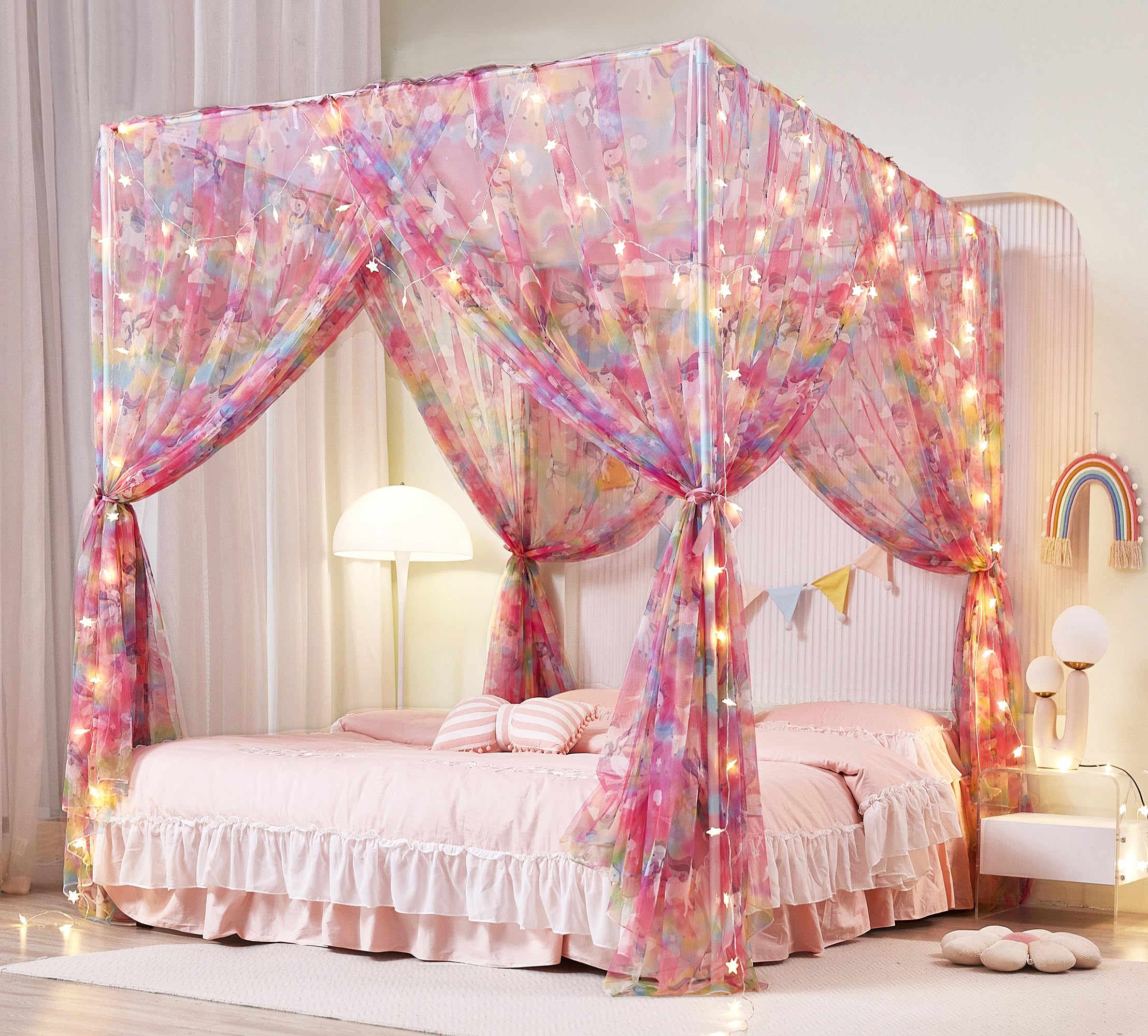 Mengersi Unicorn Bed Canopy for Girls Canopy Bed Curtains with Lights ...