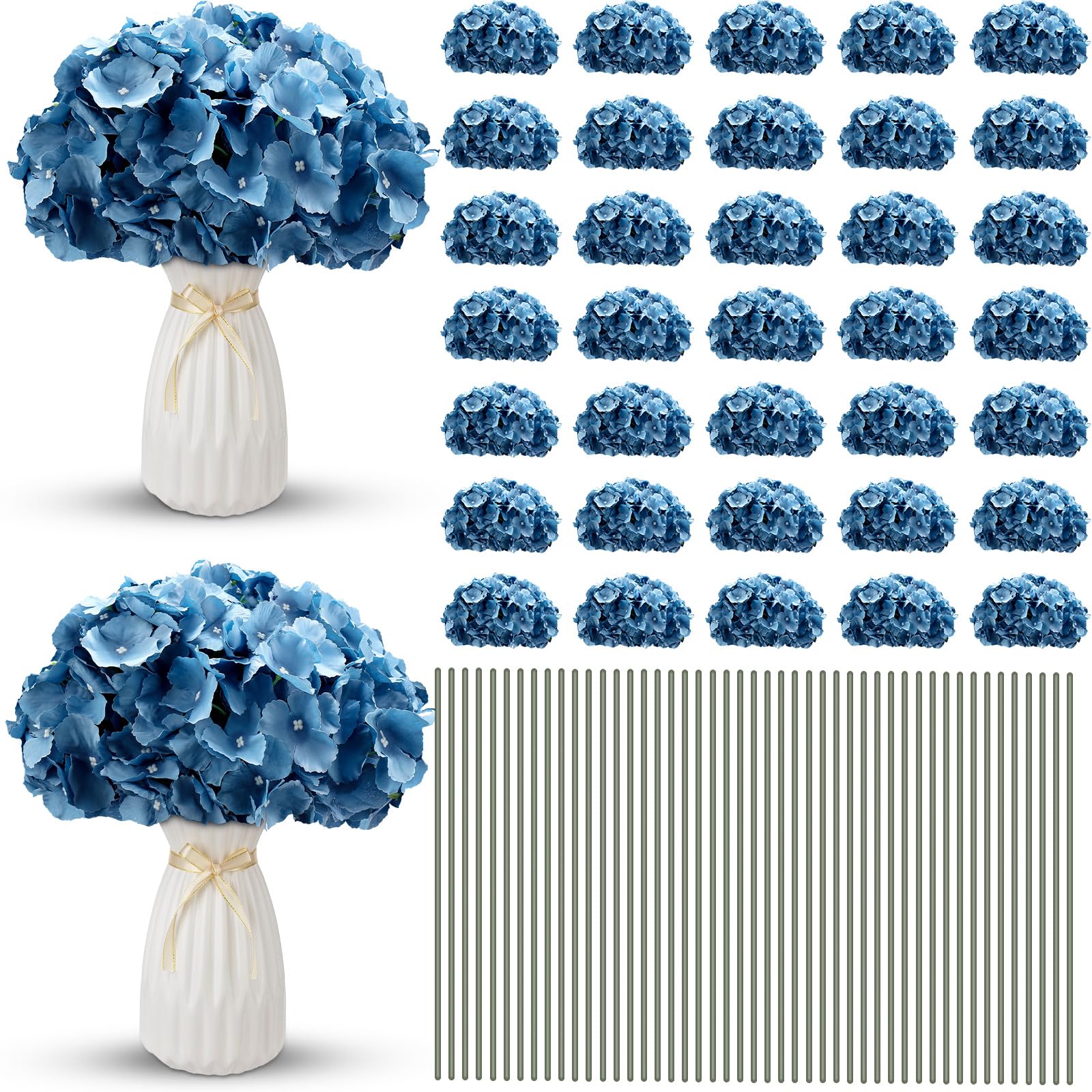Unittype 100 Pieces Silk Hydrangea Artificial Flowers Heads with Stems ...