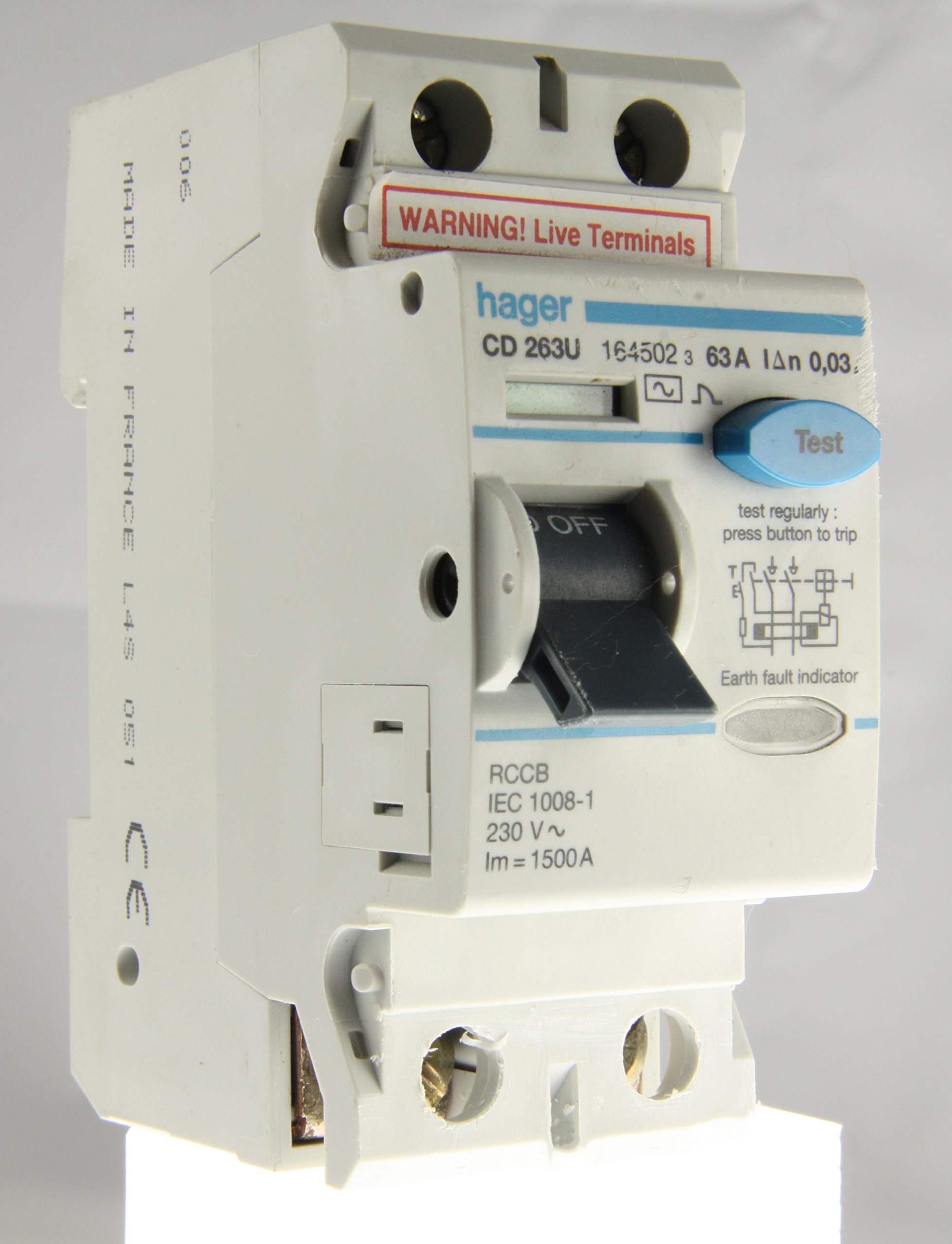 HAGER 63 AMP 30mA DOUBLE 2 POLE RCCB RCD CIRCUIT BREAKER CD 263U 27241 hager-63-amp-30ma-double-2-pole-rccb-rcd-circuit-breaker-cd-263u-27241