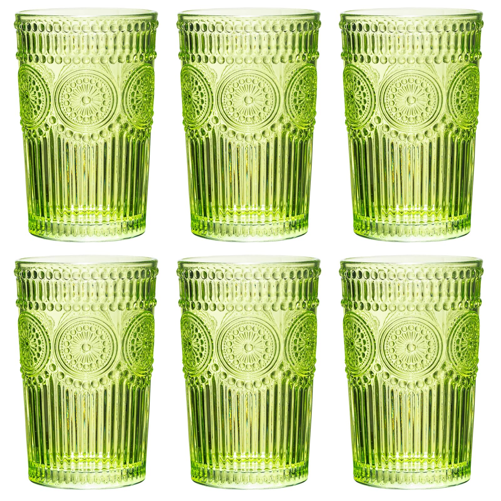 Vintage Textured Green Striped Drinking Glasses Set of 6, 13 oz Ribbed ...