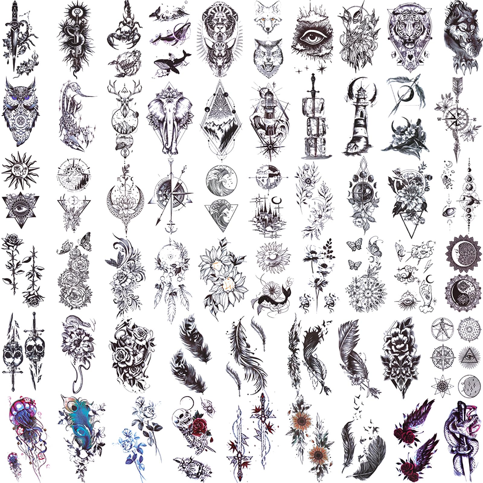 MCPINKY 60PCS Temporary Tattoo Stickers, Semi Permanent Tattoo Sheets ...