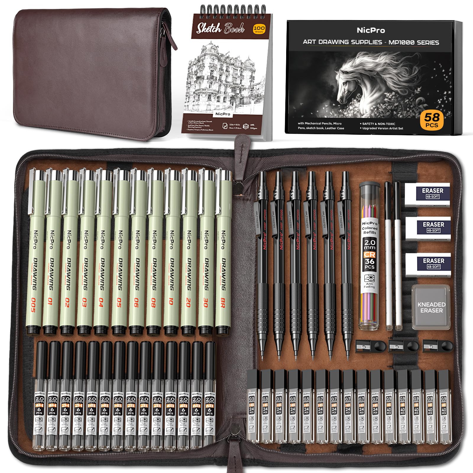 Nicpro 58PCS Art Drawing Supplies Kit in Leather Case, MP1000 Black ...