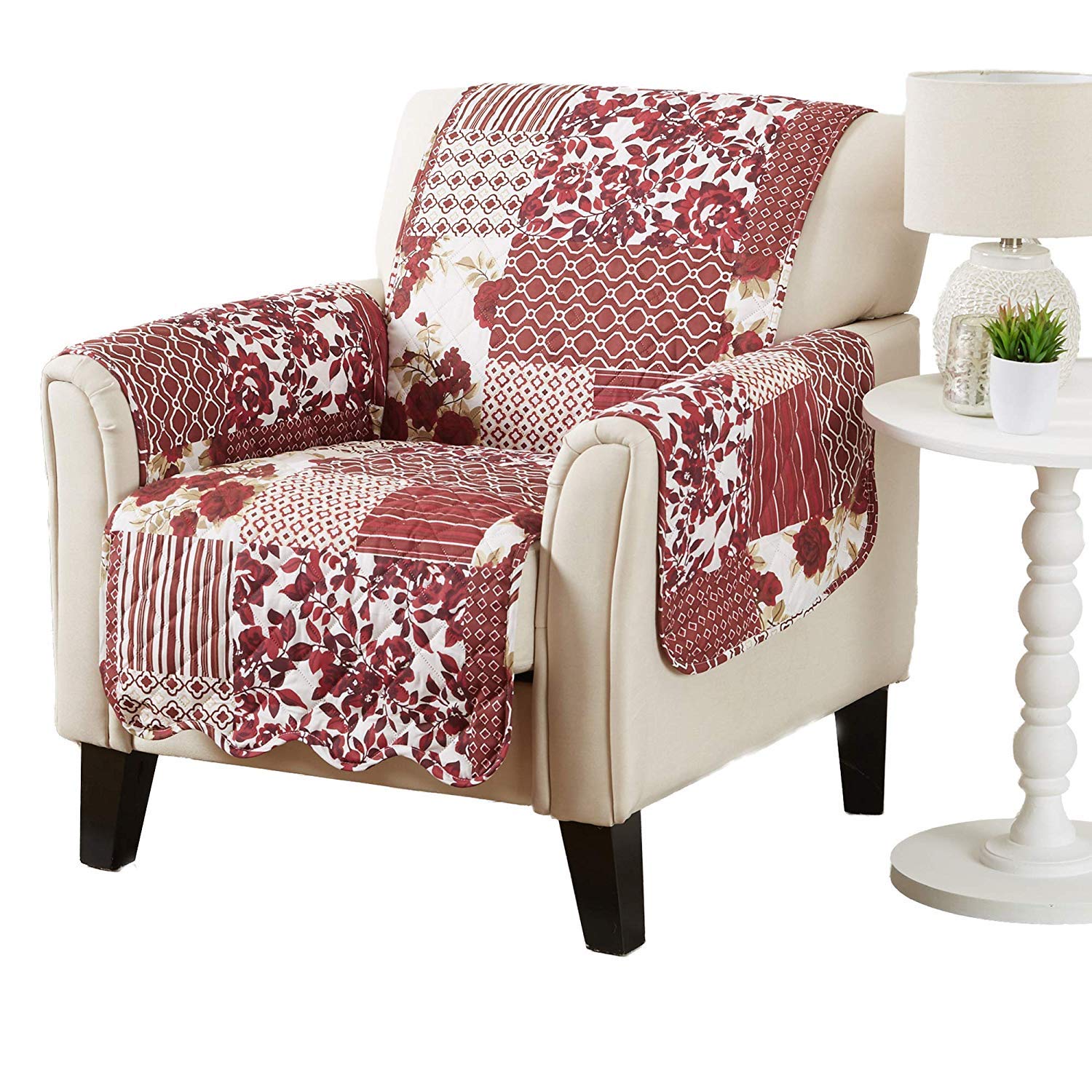 Great Bay Home Patchwork Scalloped Printed Furniture Protector Stain ...