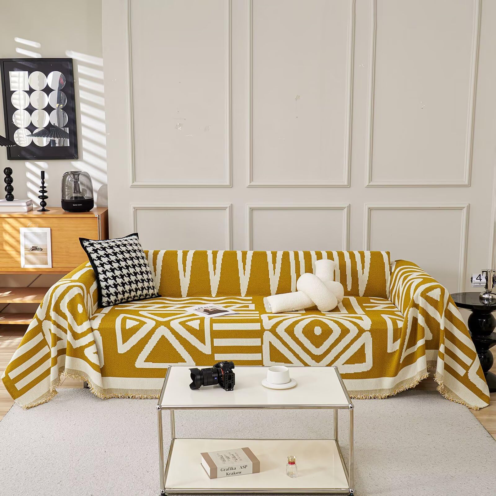 VClife Boho Couch Cover Modern Mustard Yellow White Triangle Plaid ...