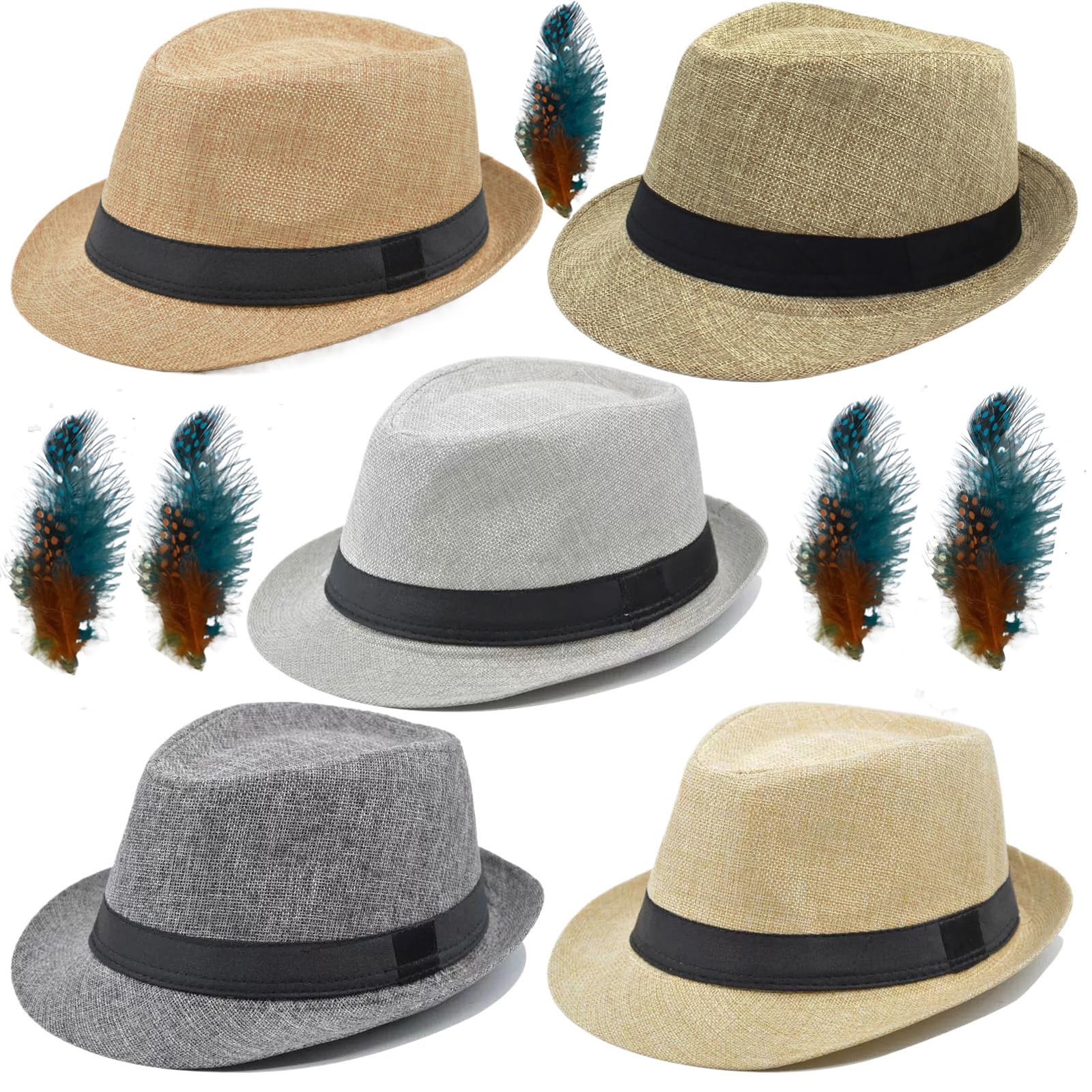 5 Pack Bulk Cuban Fedora Sun Hats Men with Adjustable Strap, Short Brim ...