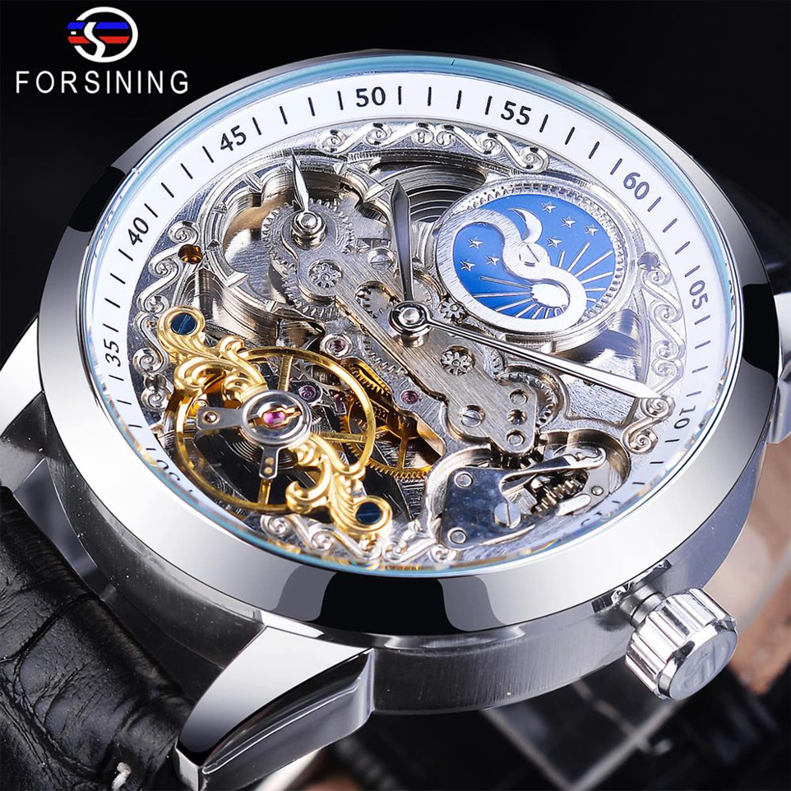 Mua FORSINING Men's Skeleton Moon Phase Watch Mechanical Self-wind ...