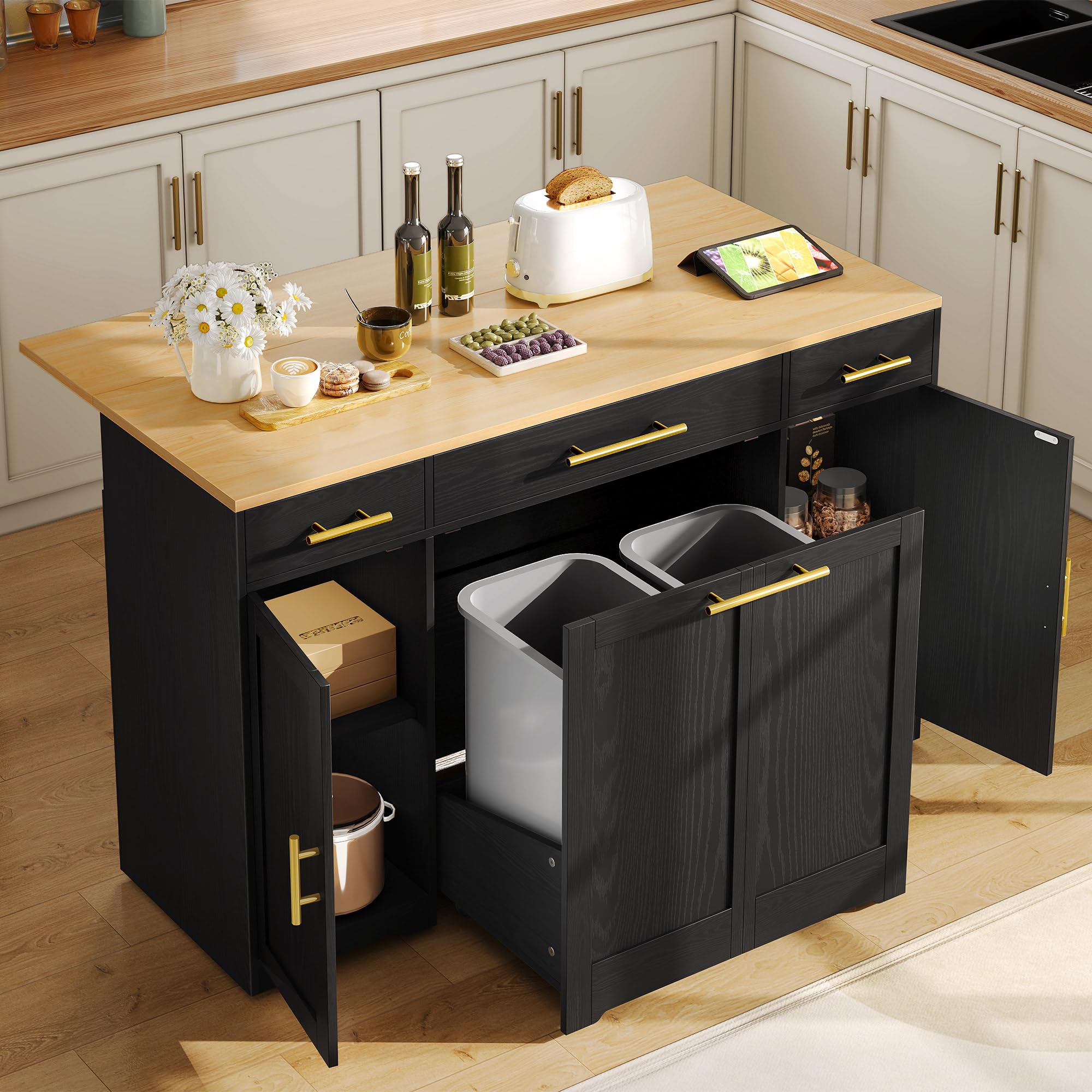 YITAHOME Kitchen Island with Drop Leaf, 55 inch Rolling Kitchen Carts ...