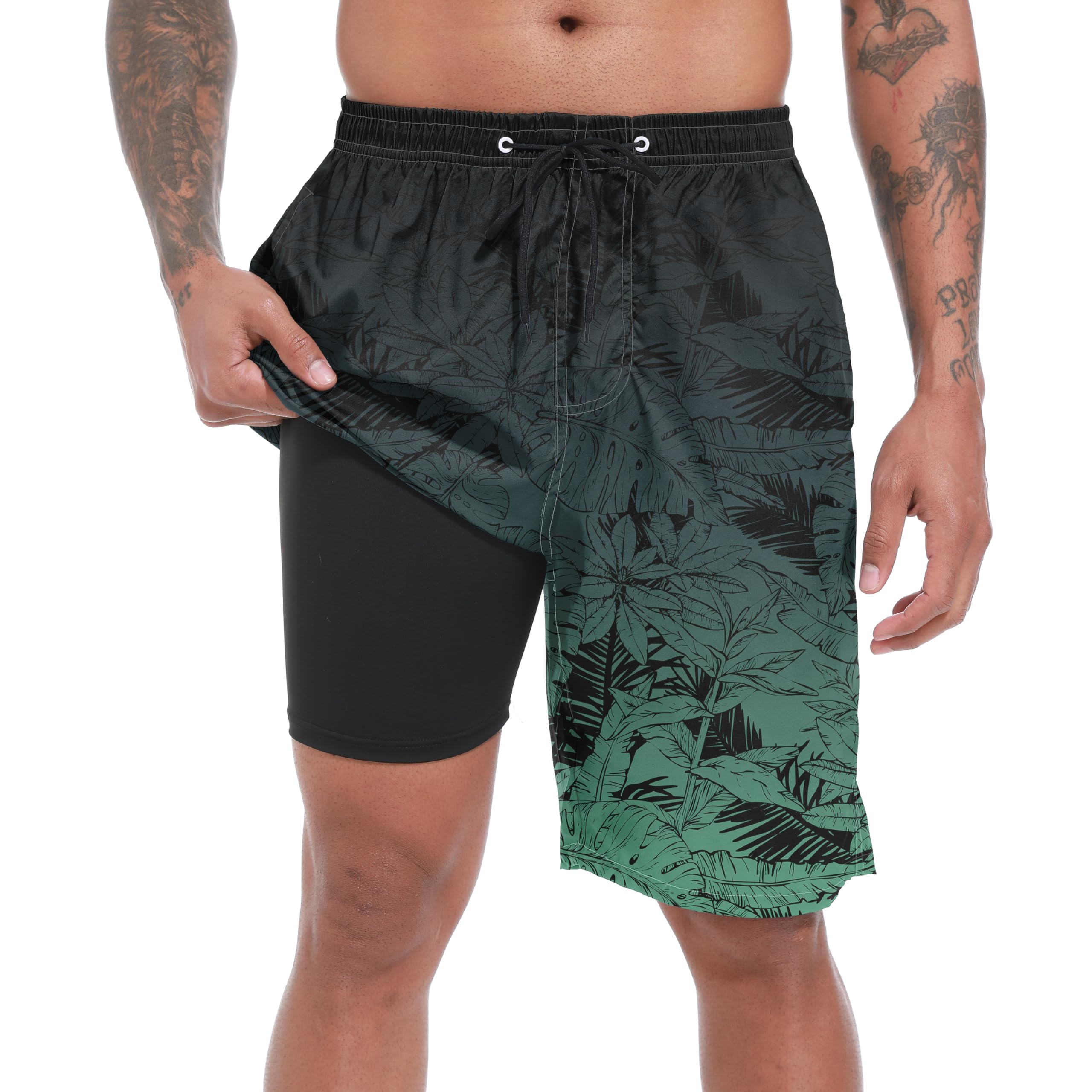 FT FENTENG Mens Swim Trunks with Compression Liner, Gradient Green Leaf ...