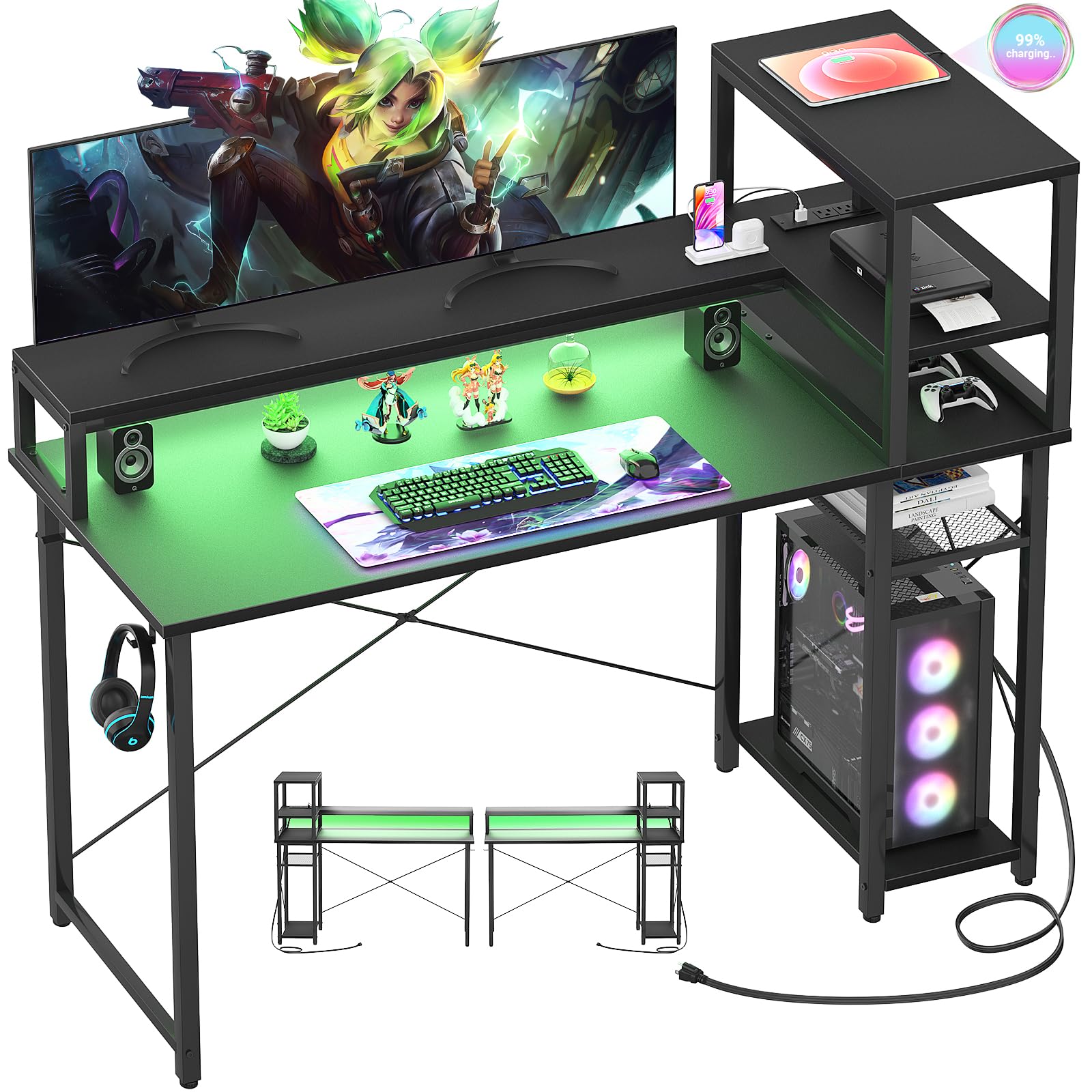 Cyclysio Gaming Desk 47", Computer Desk with Reversible Storage Shelves ...