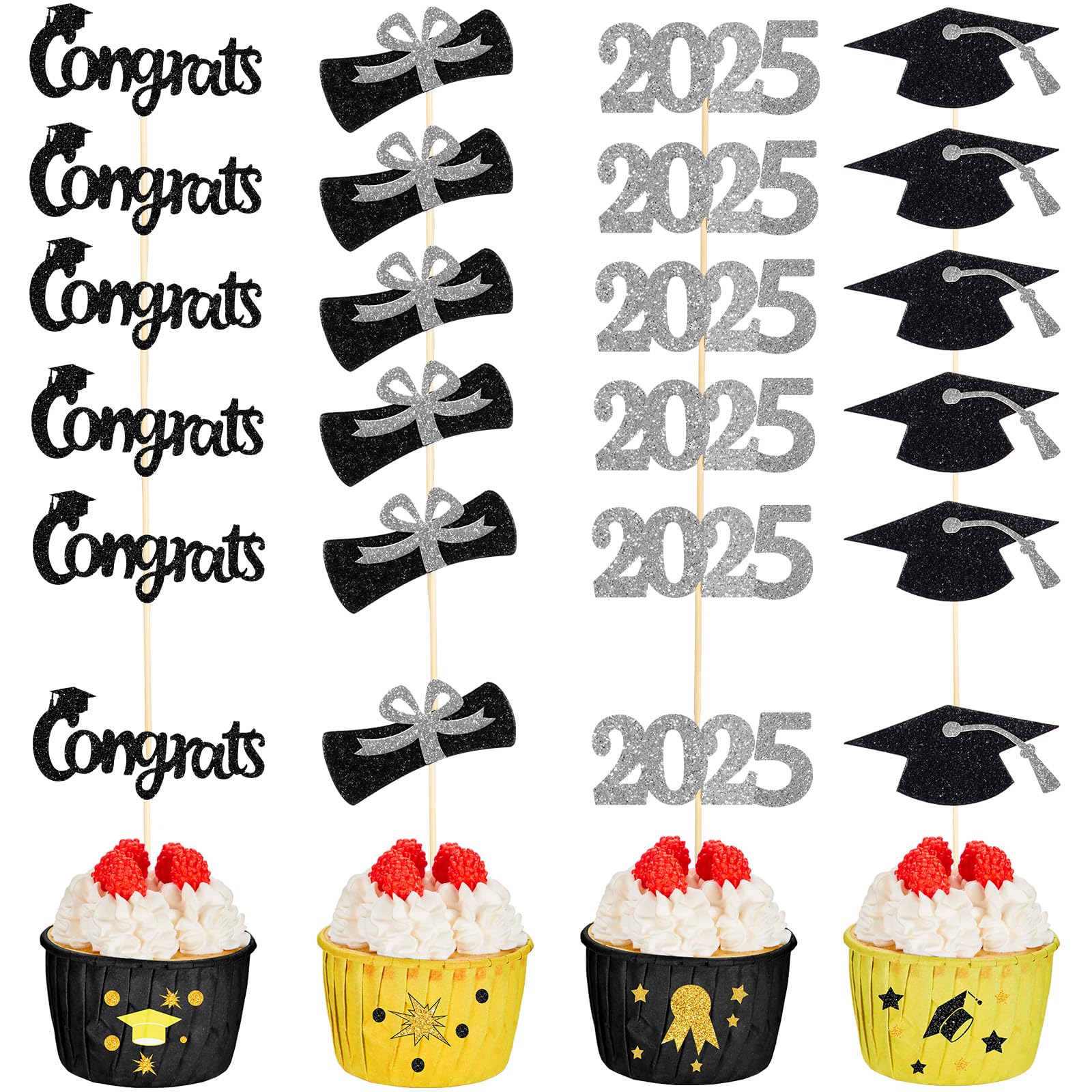 Chinco 100 Pack 2025 Graduation Cupcake Toppers Grad Cap Food Appetizer ...