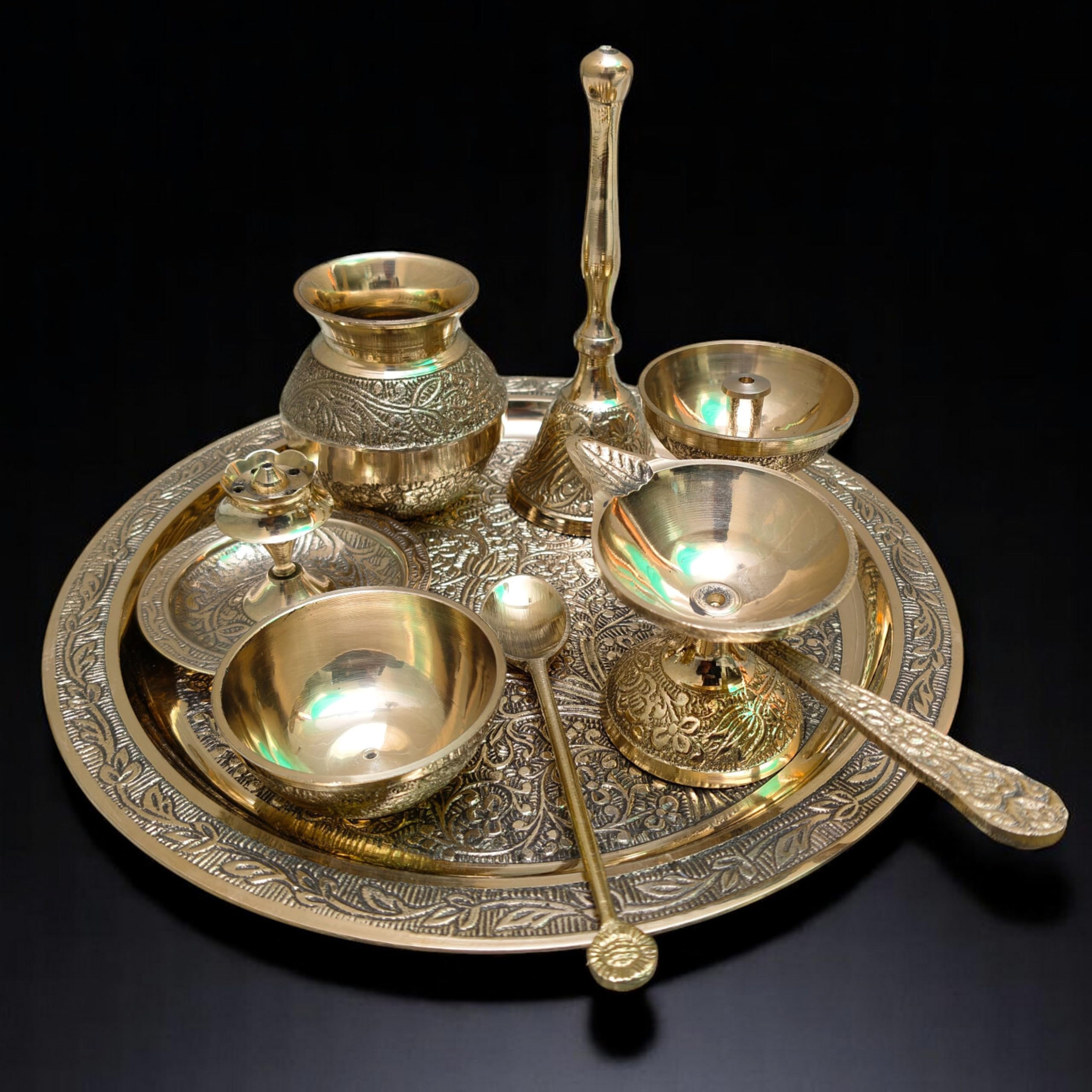 Brass Pooja Thali Set 8 Pcs – 8 Inch Aarti Plate with Kalash, Diya ...
