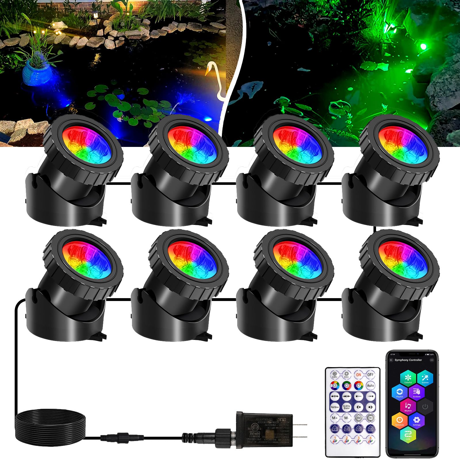 T-SUNUS Color Changing LED Pond Fountain Lights 8-in-1, IP68 Waterproof Underwater Spotlights ...