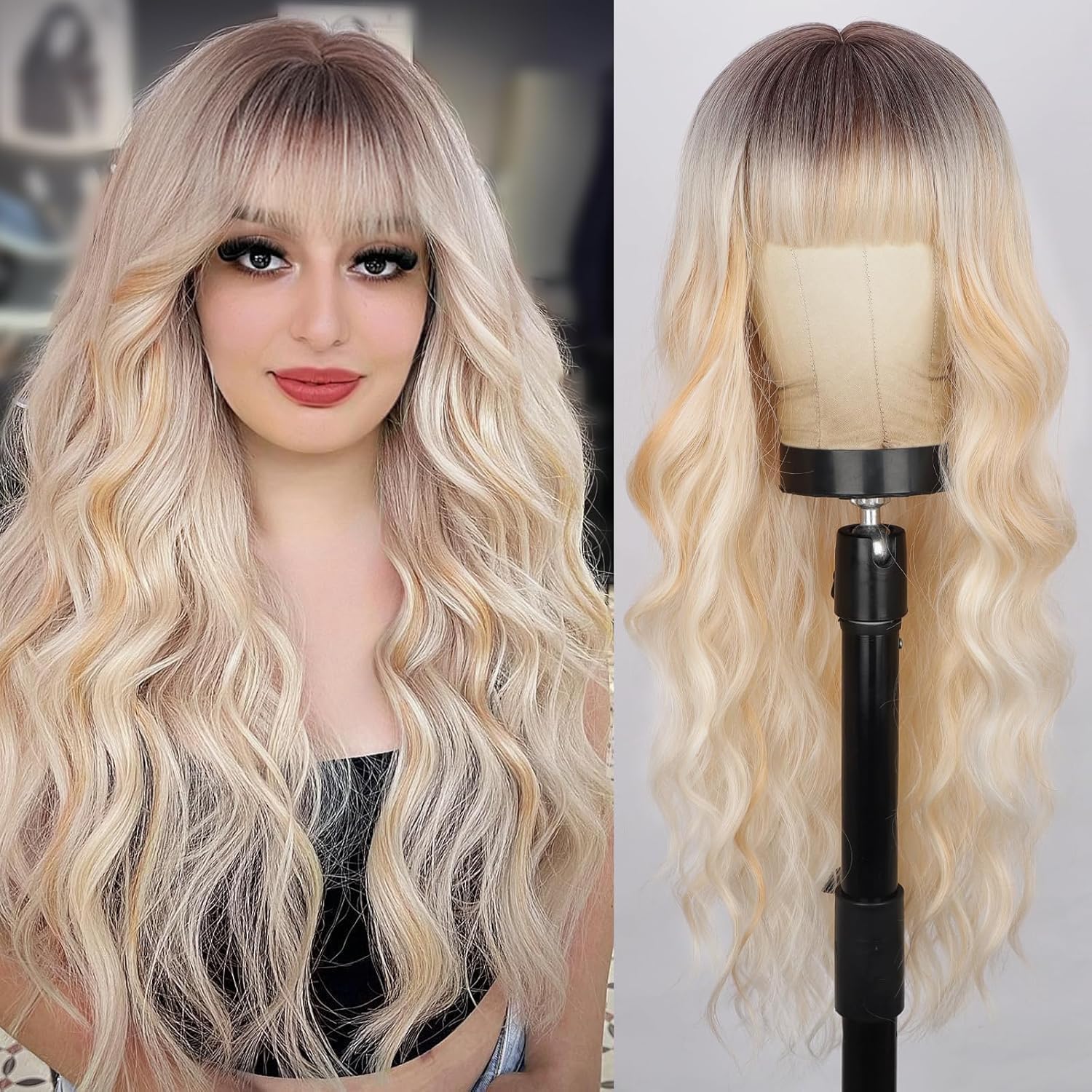 Lativ Blonde Wig With Bangs Long Ombre Blonde Wig with Dark Roots for ...