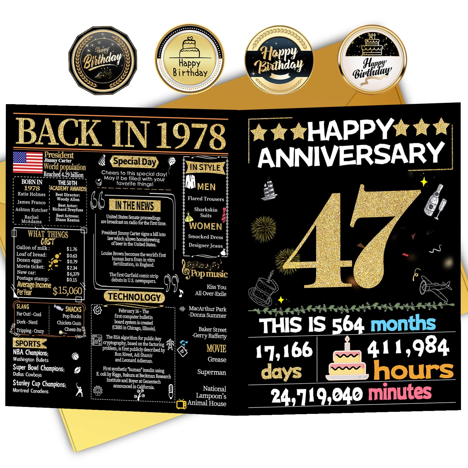 Joycard 47th Anniversary Card for Women Men, Gold Wedding Card for Wife ...