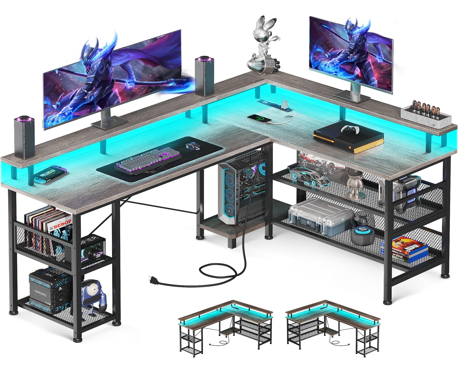 Mua ODK 59" L Shaped Gaming Desk with Power Outlet and LED Lights, PC ...