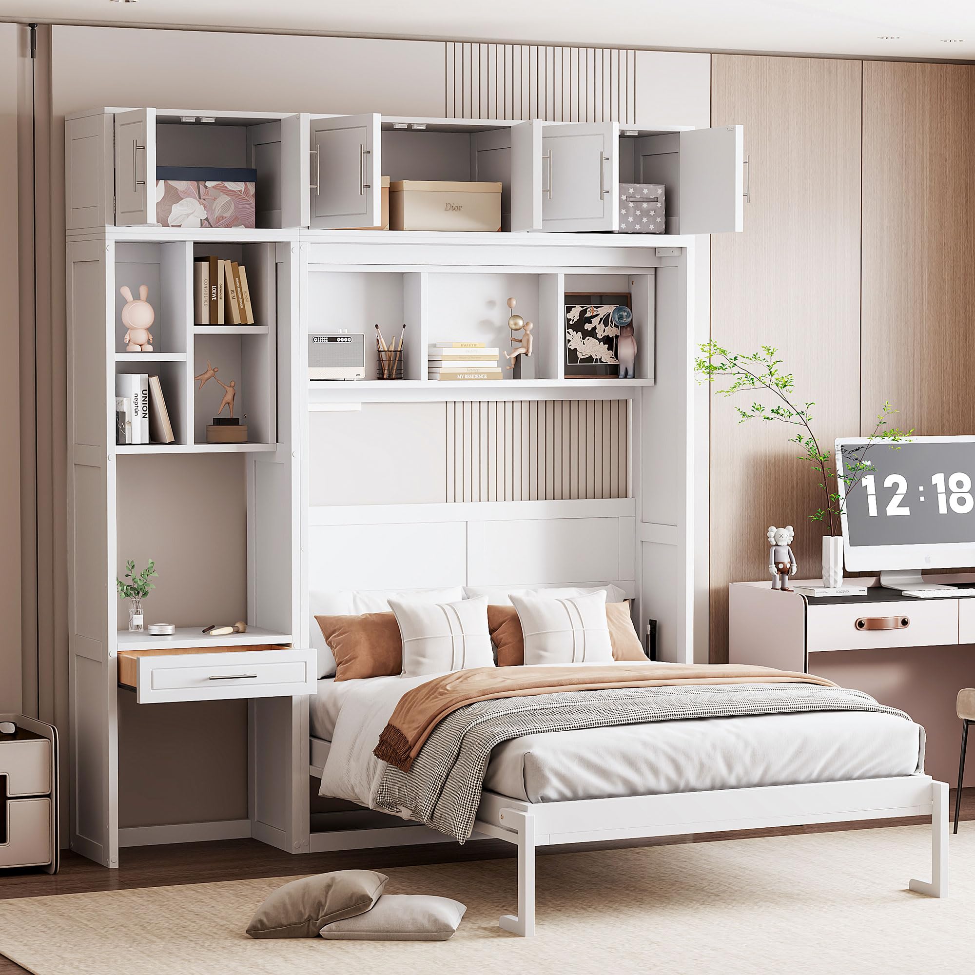 Merax Full Size Wall Murphy Bed with Desk, Top Cabinet and Storage ...