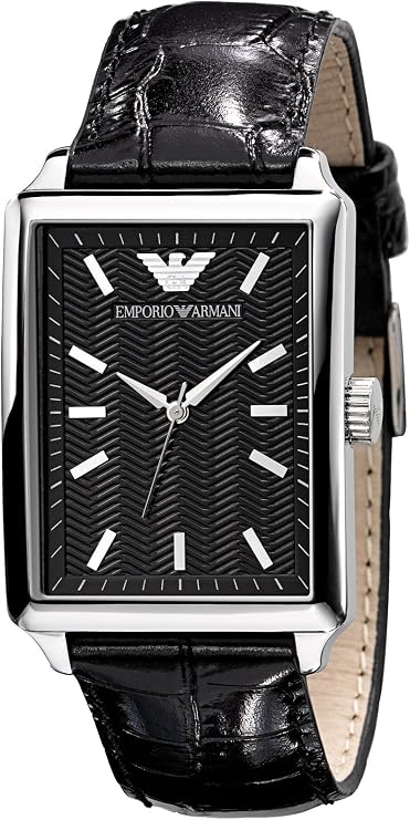 Emporio Armani Gents Rectangular Case Black Dial Black Leather Strap ...