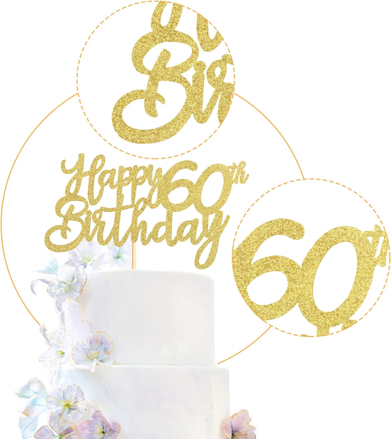 3 Pieces Happy 60th Birthday Cake Toppers Gold 60th Birthday Cake ...