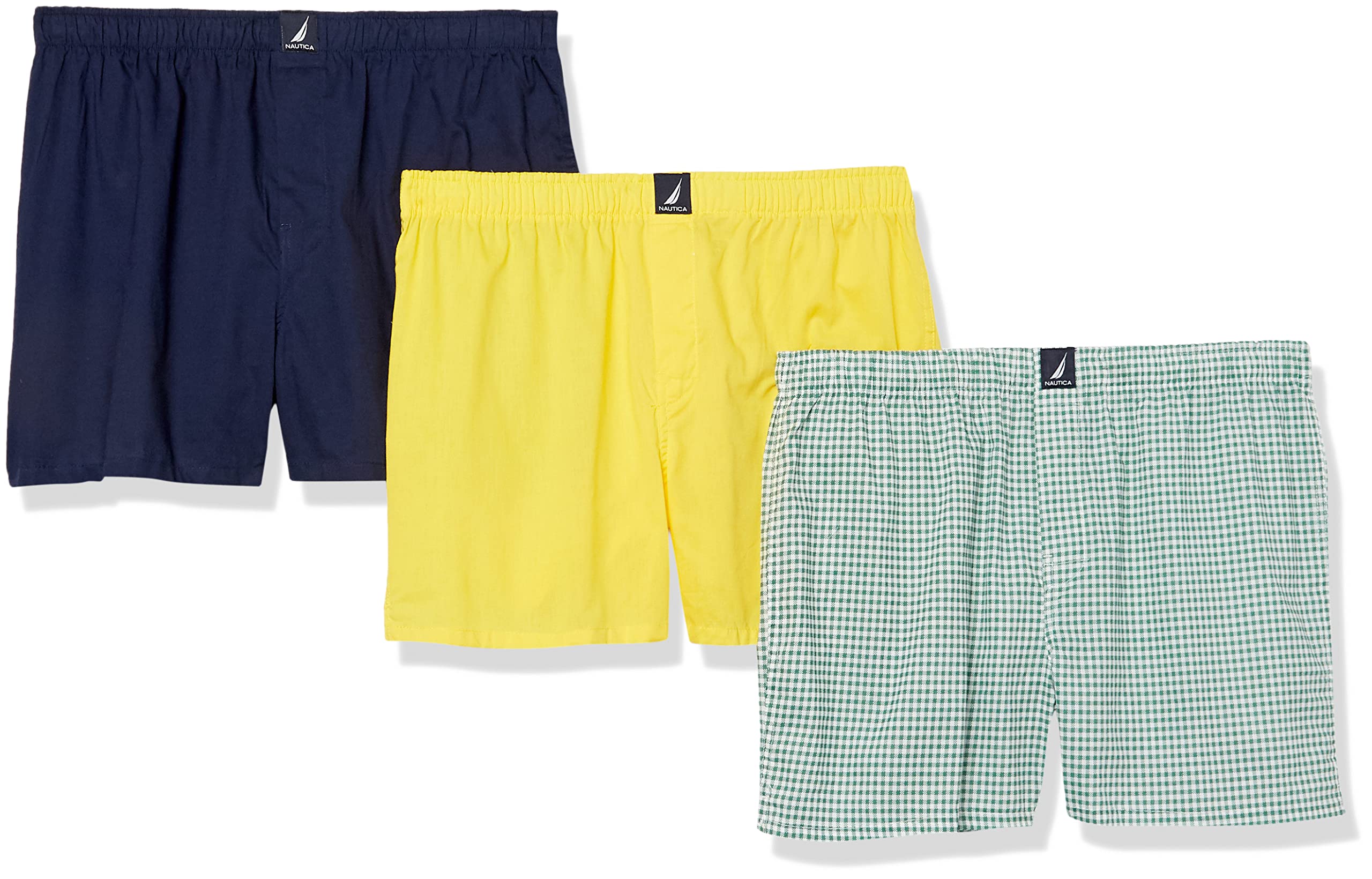 Nautica Men's Cotton Woven 3 Pack Boxer, Mari Gold/Peacoat/Check Ocean ...