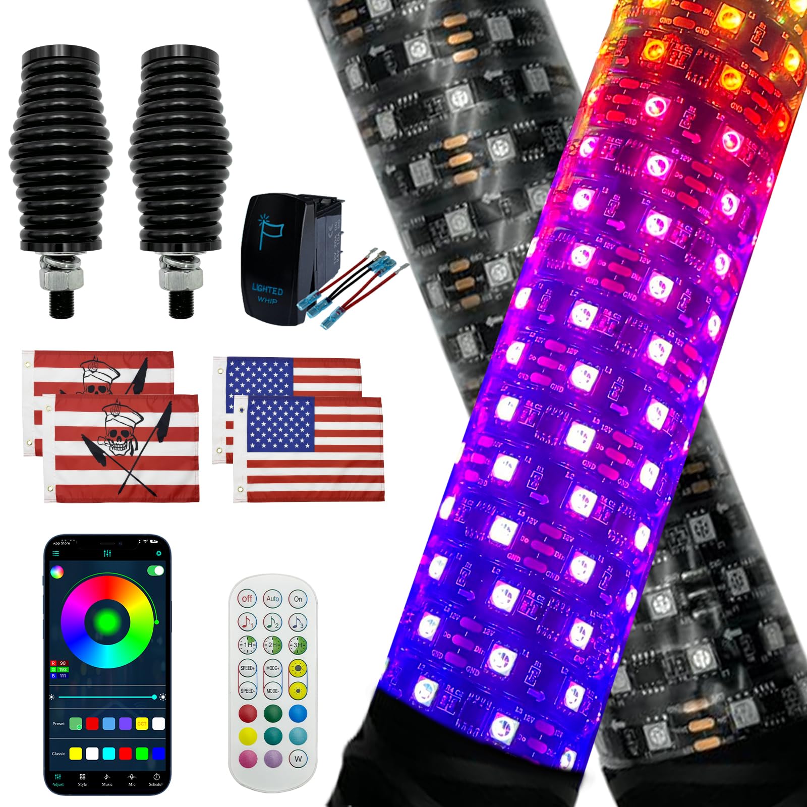 2 Pack 2ft LED Fat Whip Lights, UTV Whip Lights with App & Remote ...