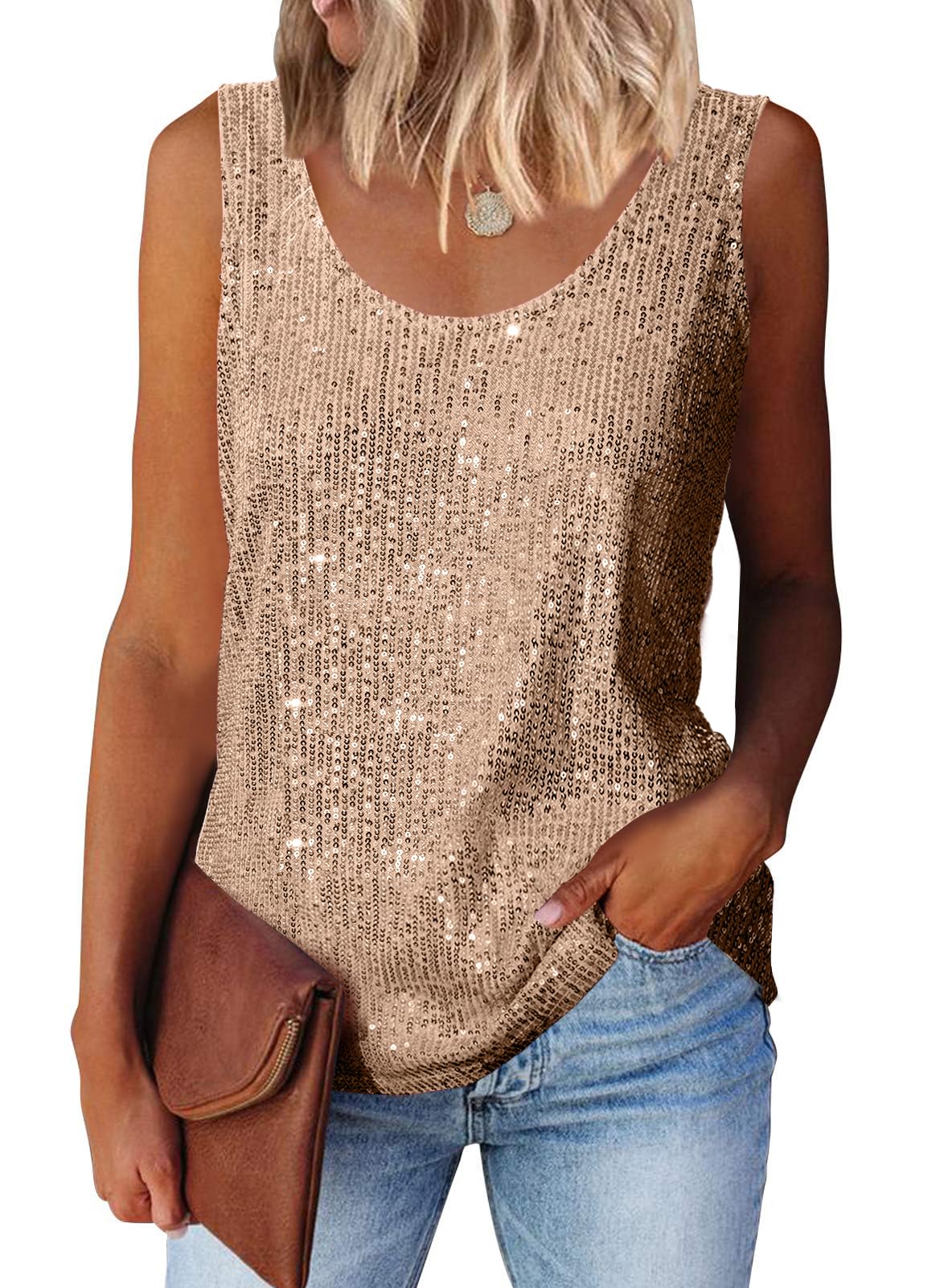 MLEBR Womens Tanks Summer Fashion 2025 Sequin Blouses Scoop Neck Sequin ...