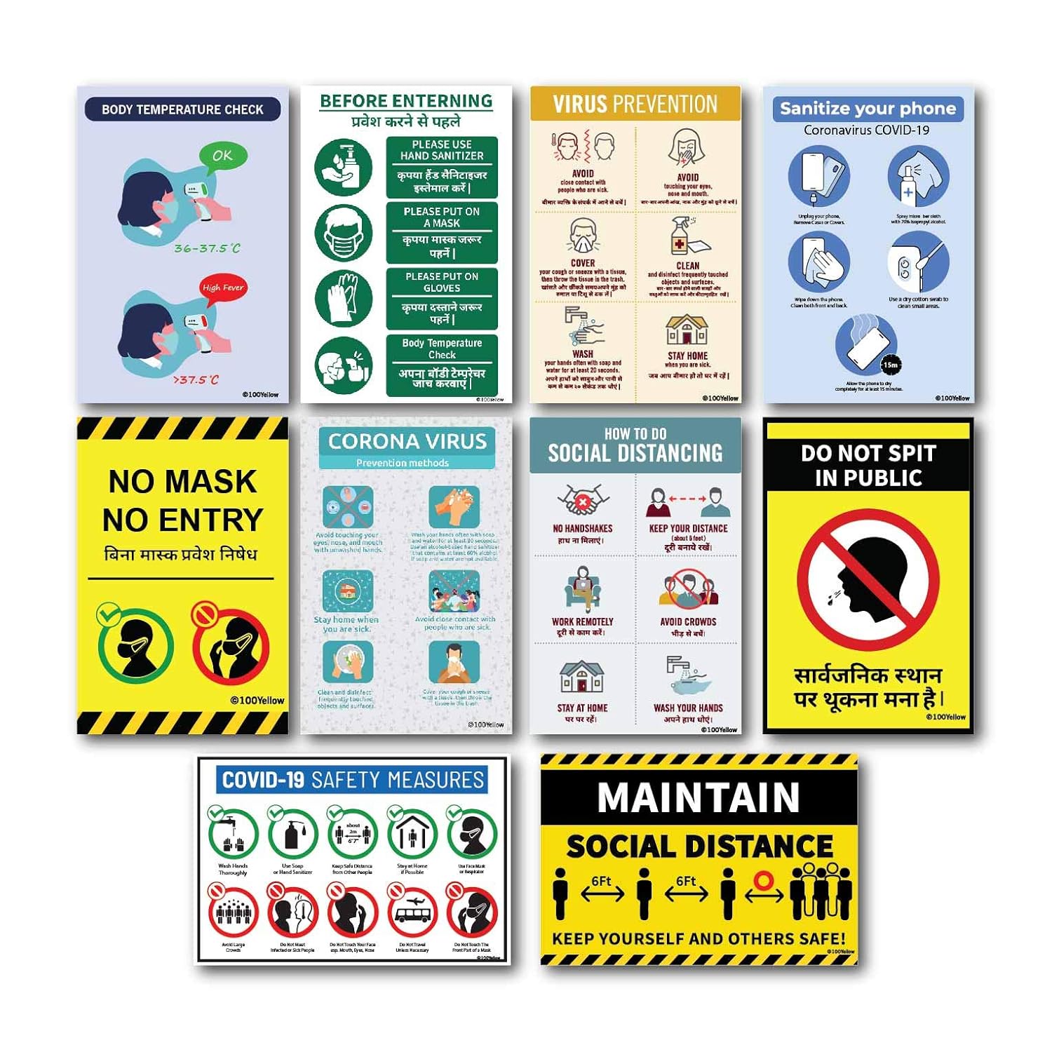 100Yellow® Safety Measures Corona Virus Precaution Health Poster for ...