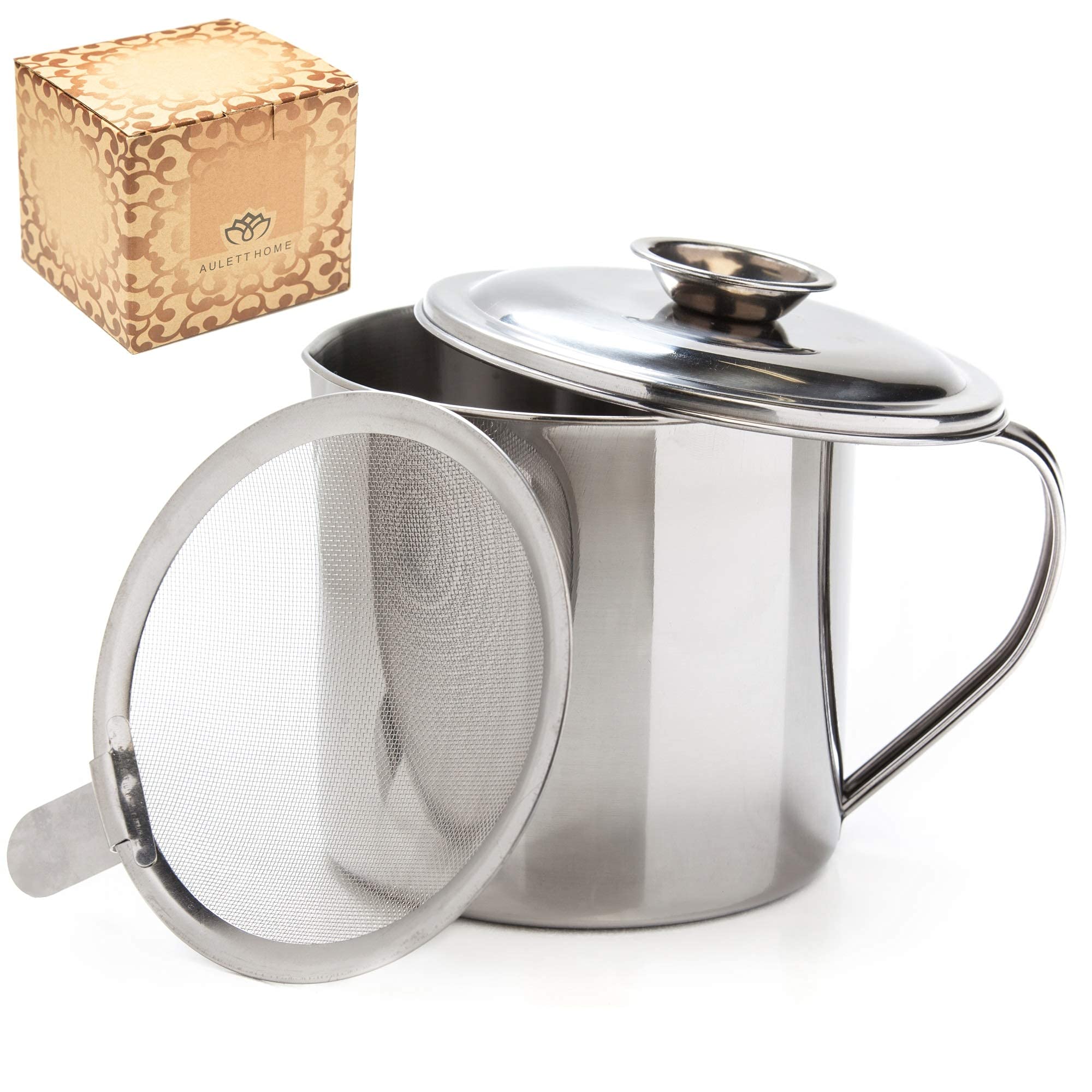 Aulett Home Bacon Fat Container with Oil Strainer - 40 oz Stainless ...