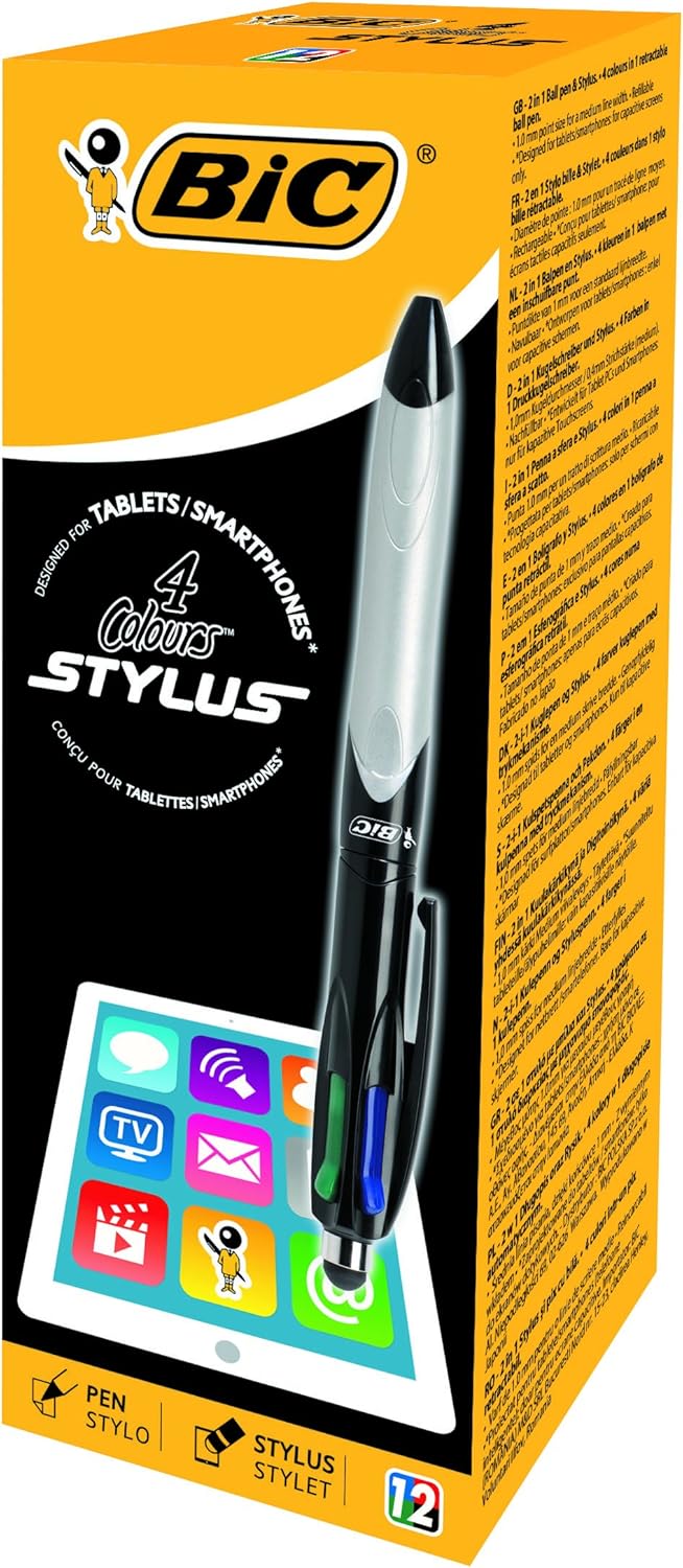 BIC 4 colores Stylus bolígrafos punta media (1,0 mm) - Grip Gris, Caja ...