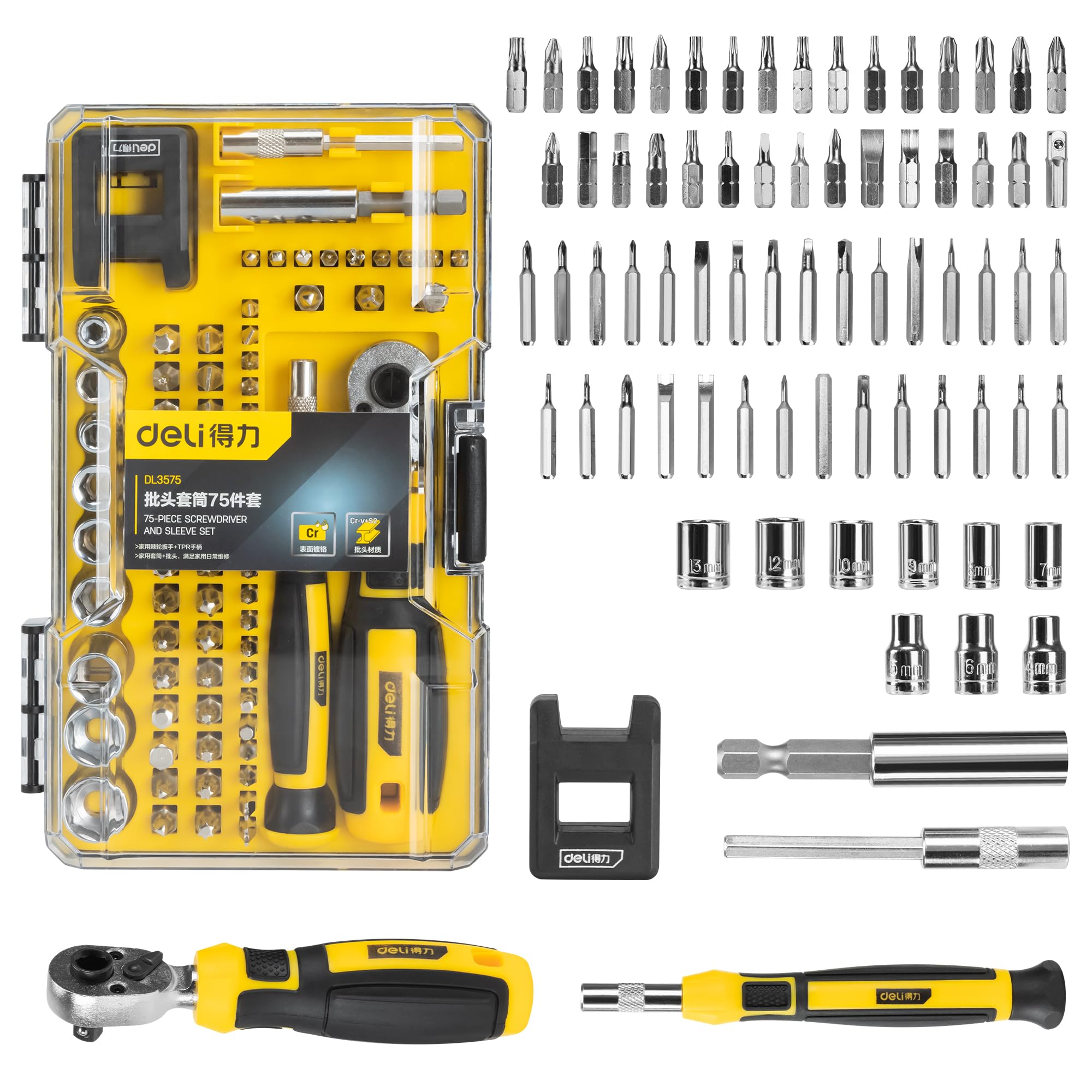 deli 75pcs Ratcheting Screwdriver Set,Socket Set,Precision Screwdriver ...