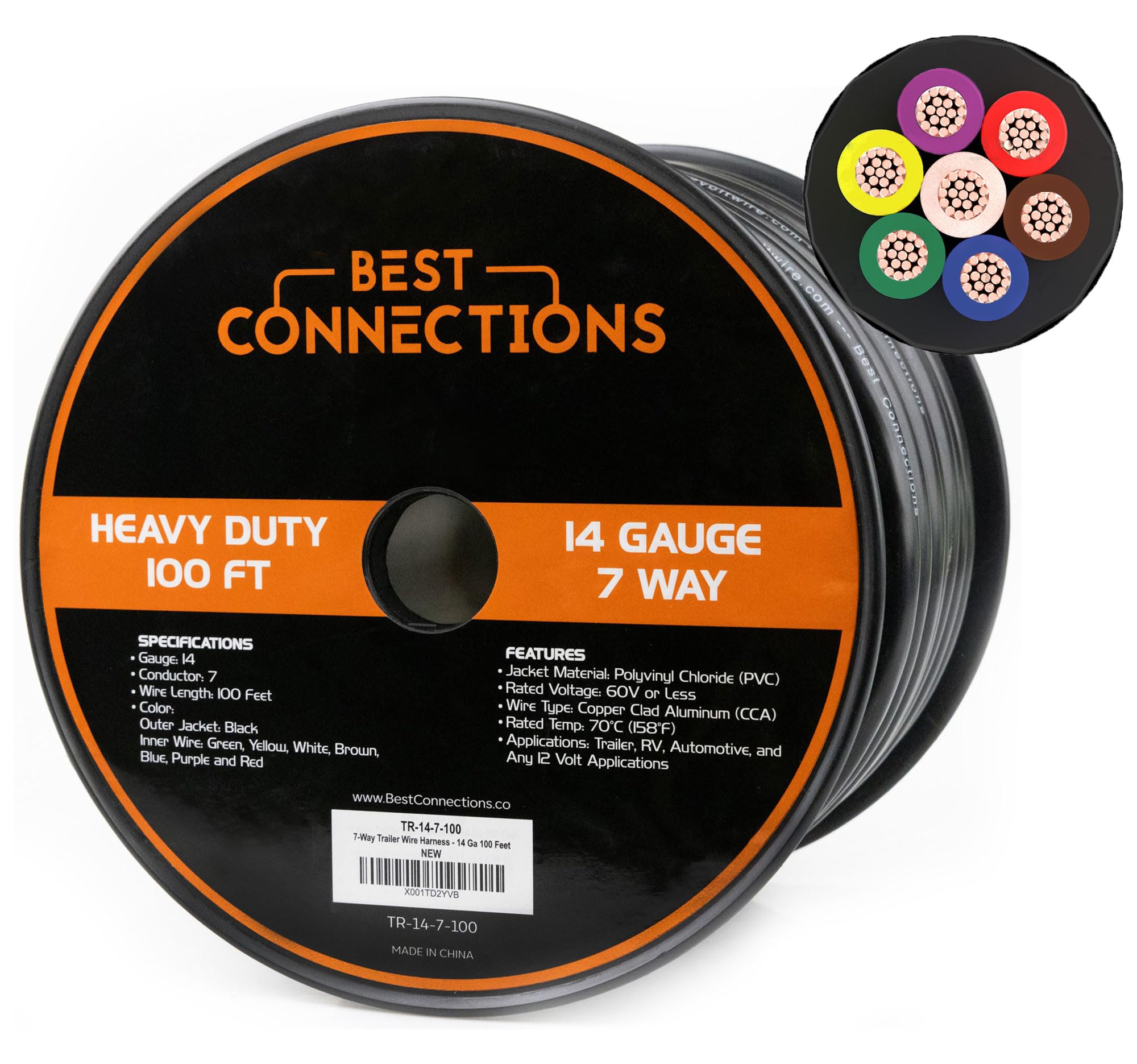 BEST CONNECTIONS 7 Way Trailer Wire (100 Feet) Heavy Duty 14 Gauge 7 ...
