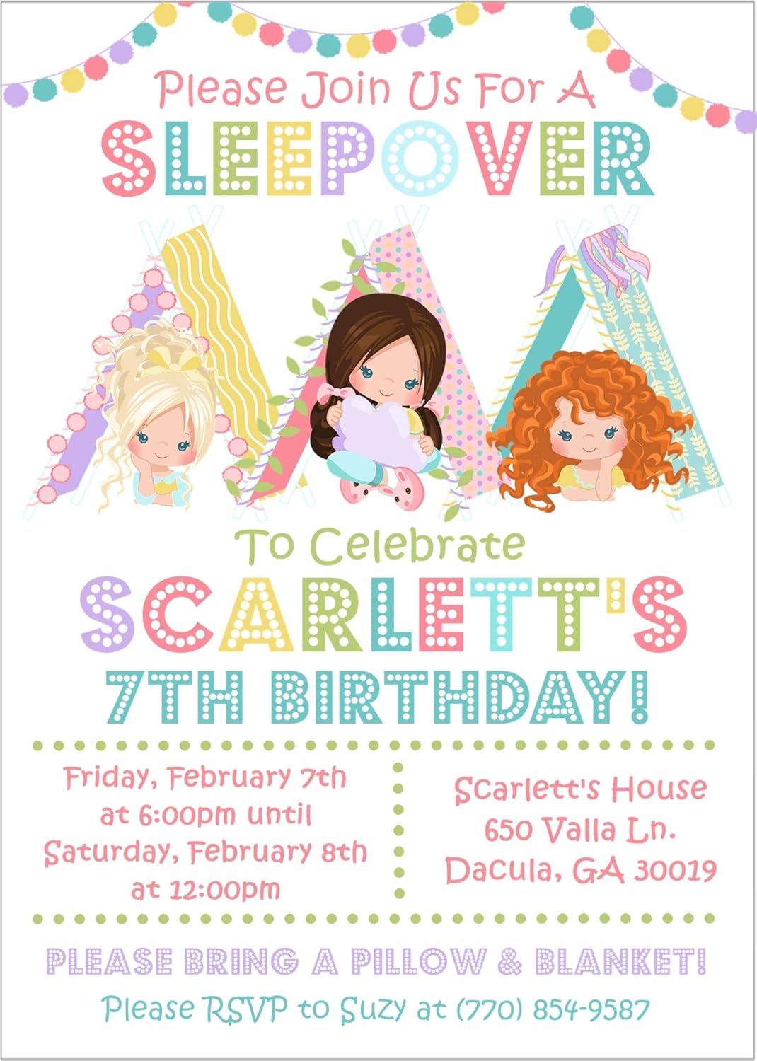 Sleepover Slumber Party Birthday Party Invitation Greeting Cards Paper 