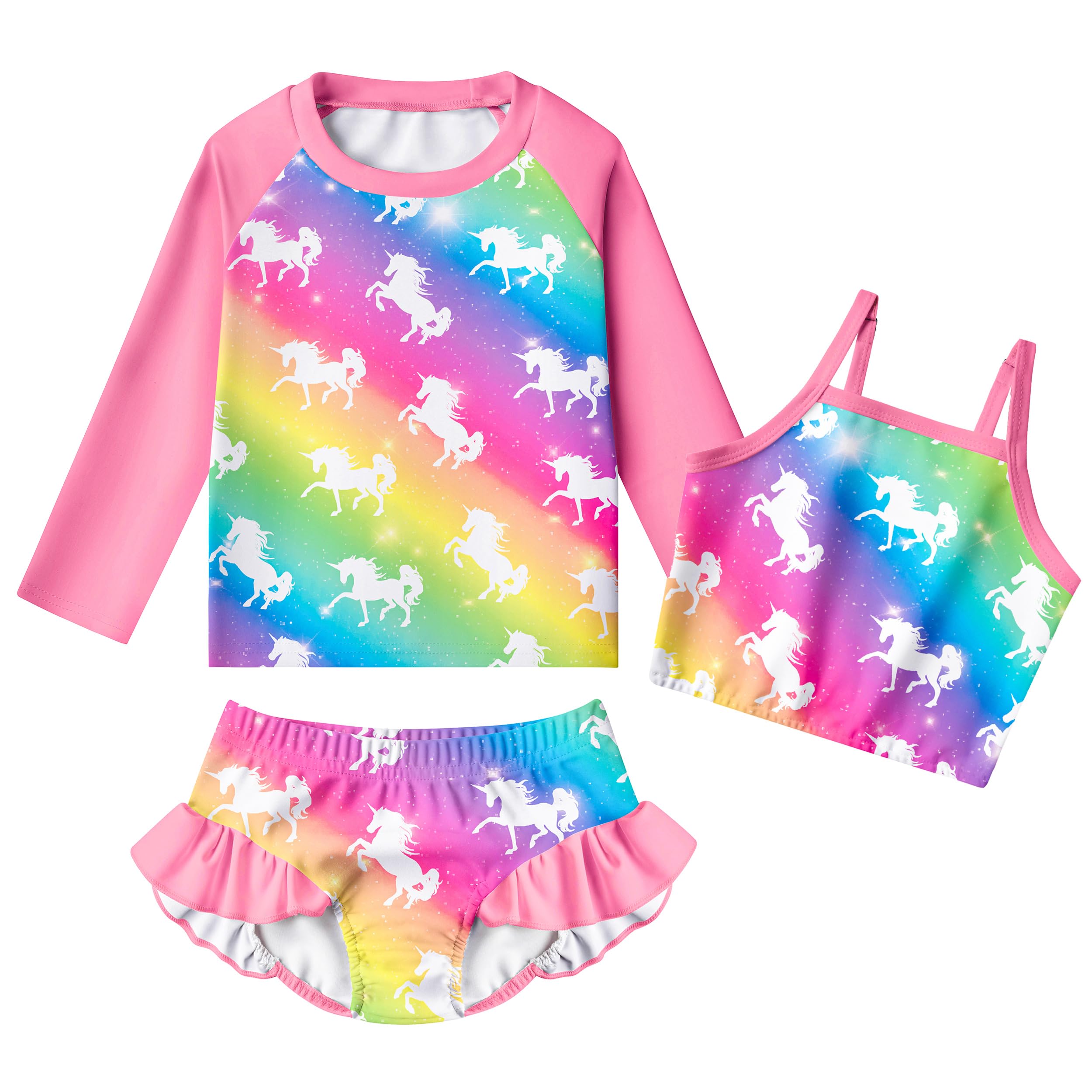 LQSZ Girls Rash Guard Sets Rainbow Unicorn Long Sleeves Swimsuit 3 ...