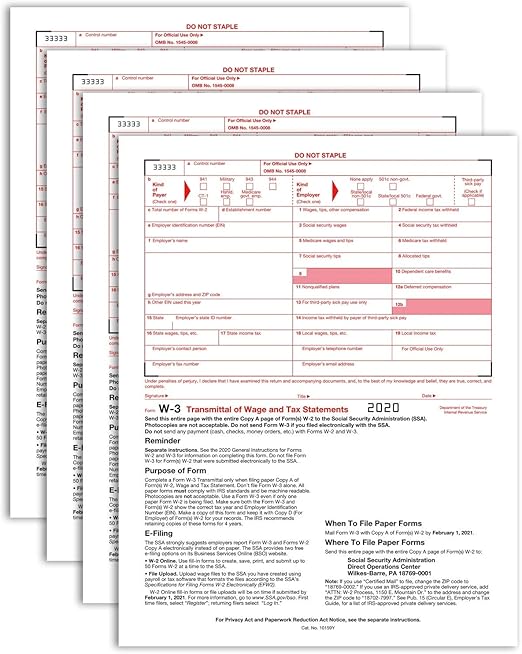 Amazon.com : W3 Forms 2020, 10 Form W-3 Summary Laser Forms for ...