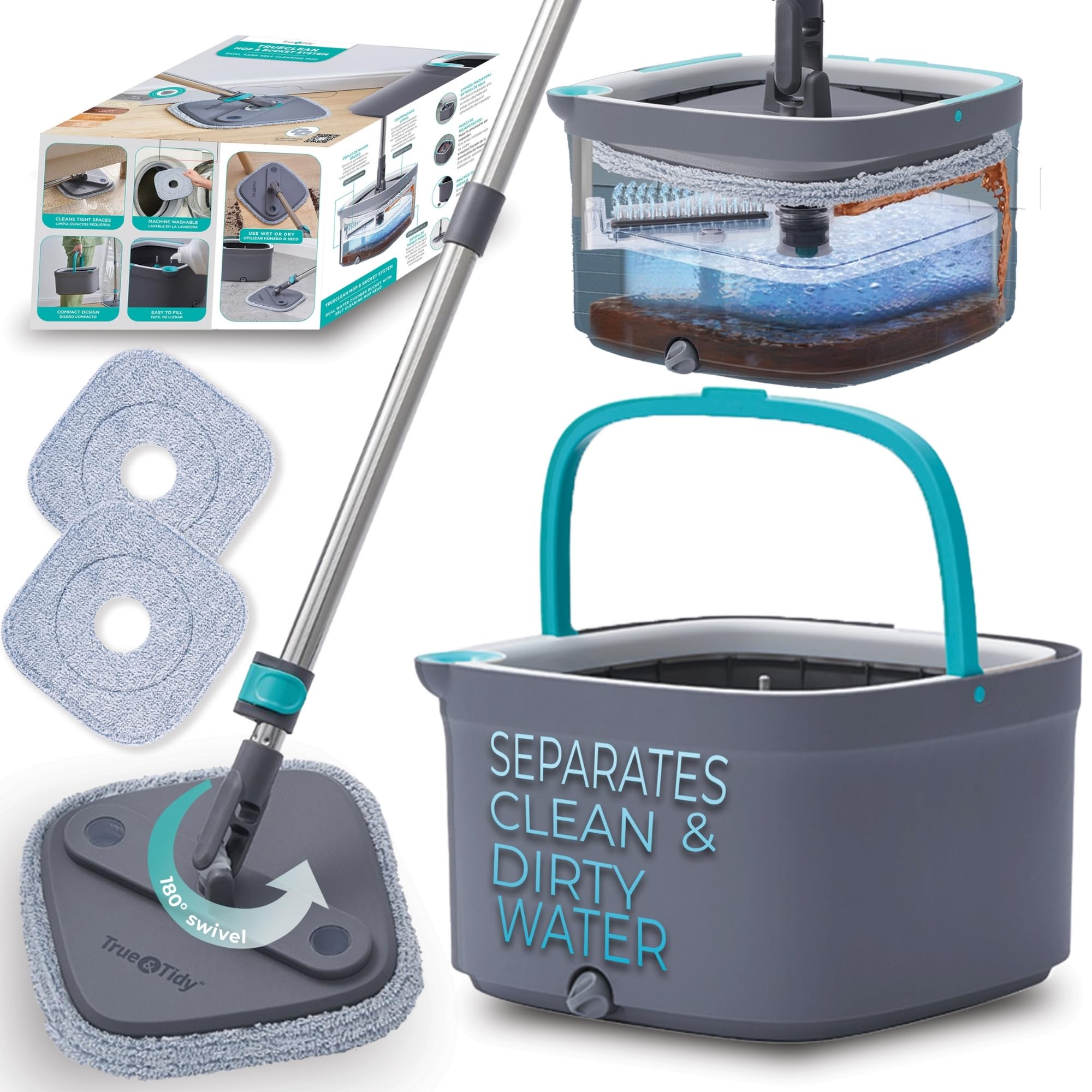 True & Tidy True Clean Spin Mop & Bucket System – Dual Compartment ...