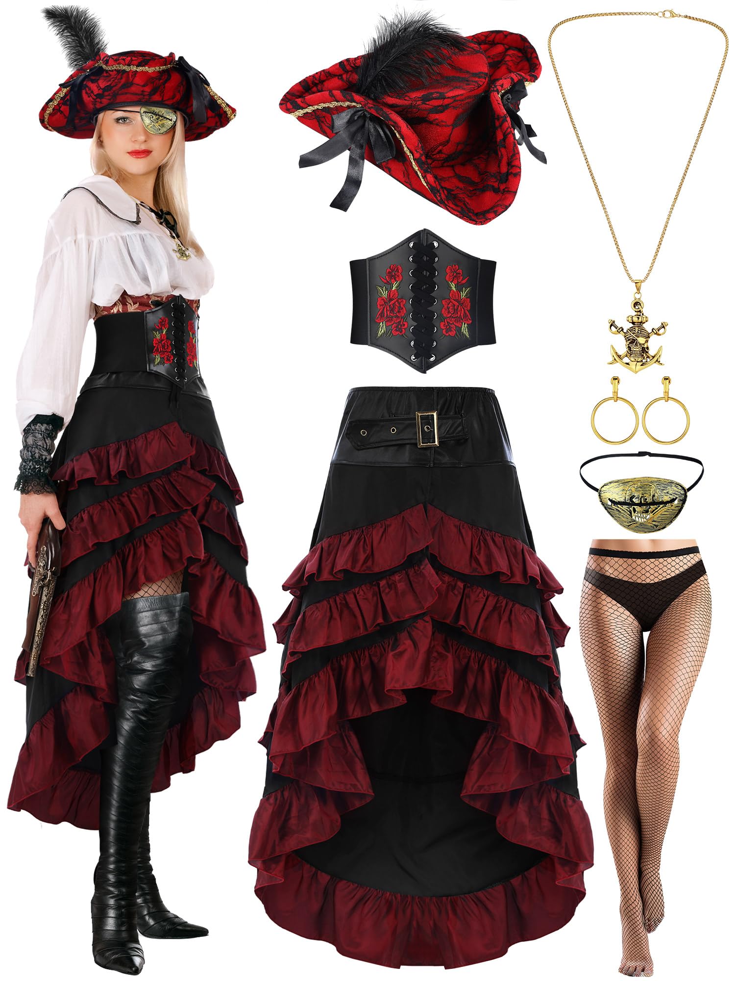 Fourluoo 7 Pcs Renaissance Medieval Costume Women with Rose Renaissance ...