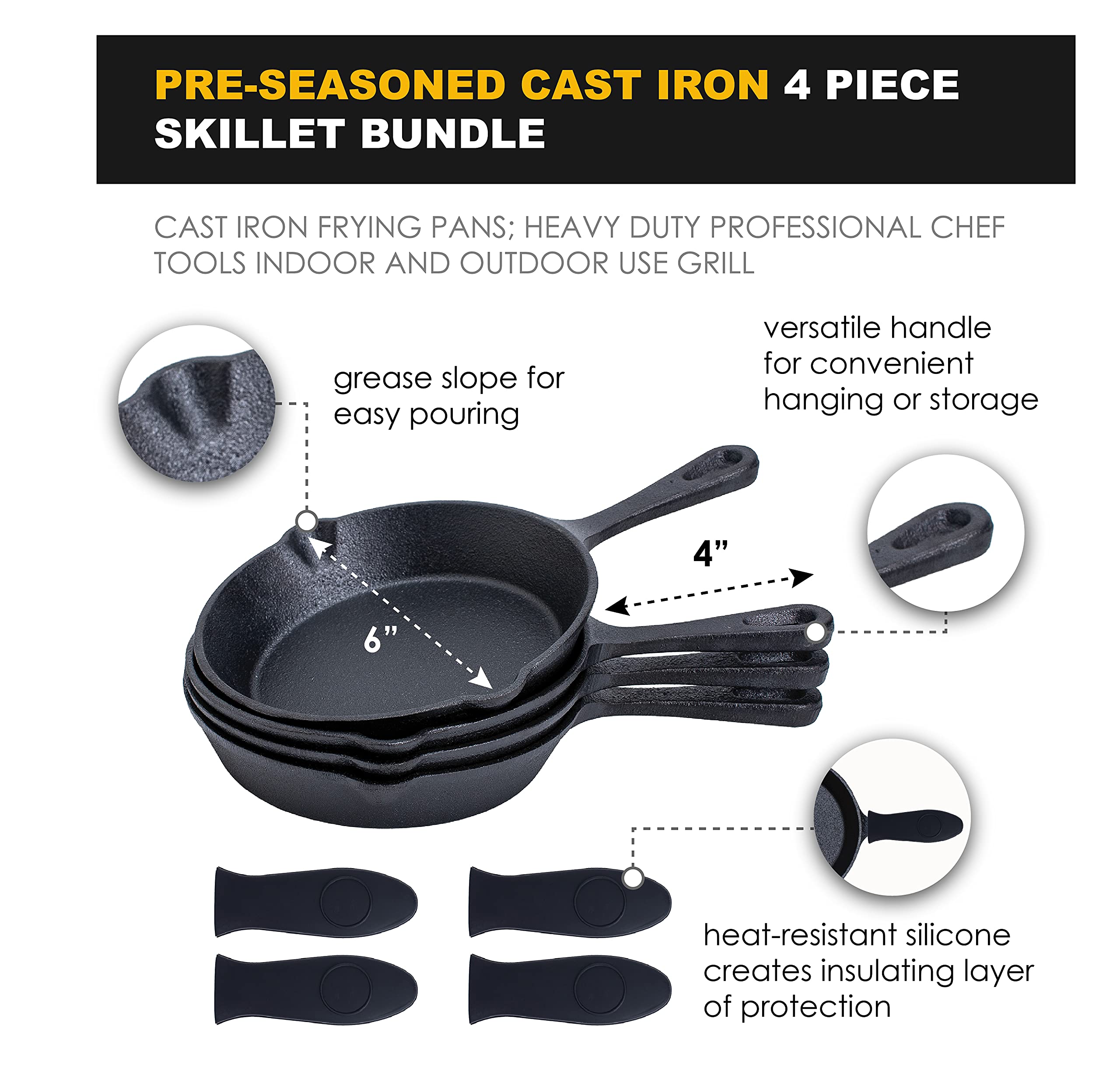 Mua Bruntmor 6" Black Pre-seasoned Cast Iron Frying Pan Set of 4, 6 ...