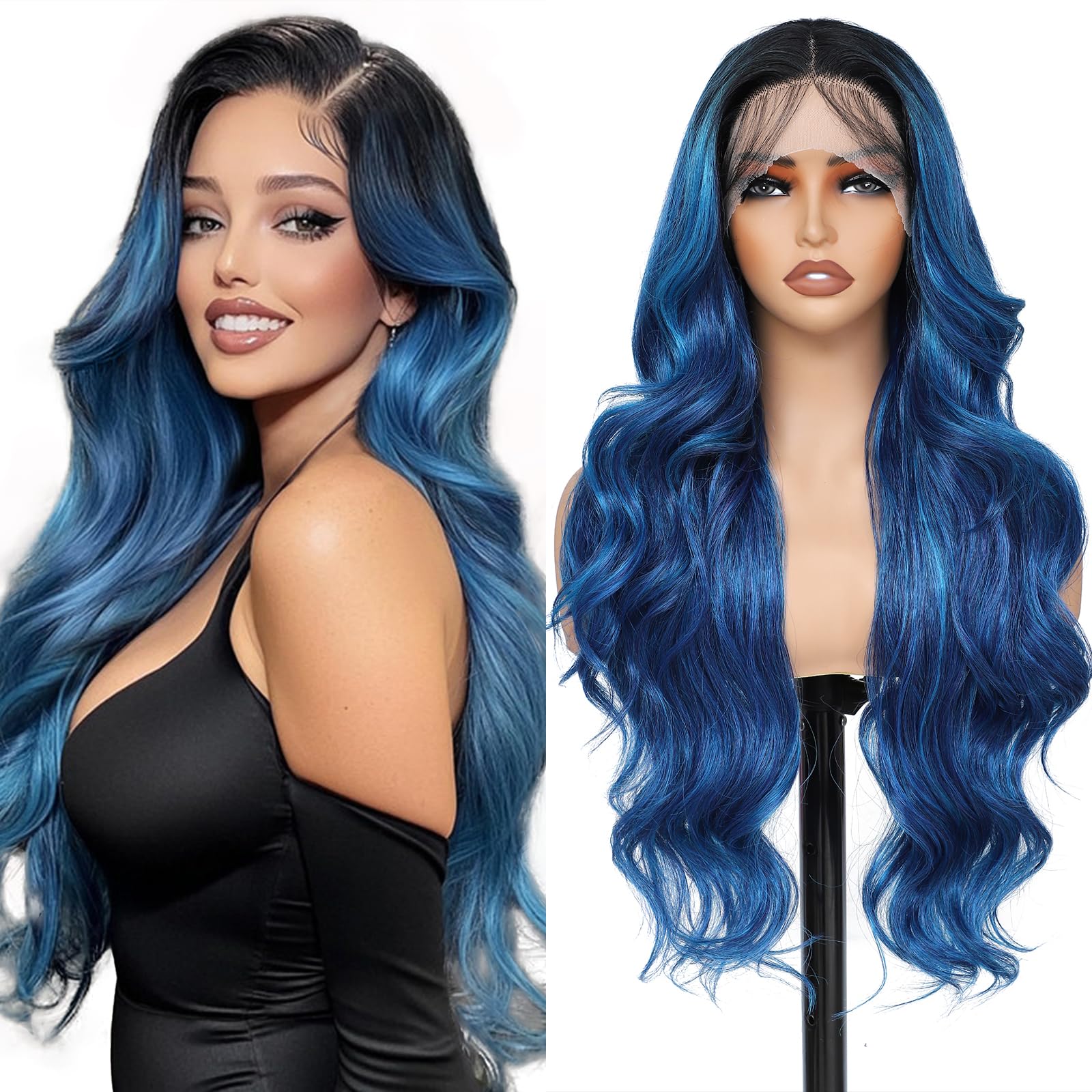 FABÉLLE Blue Wig Body Wave 30 Inch Lace Front Wig Glueless Swiss Lace ...