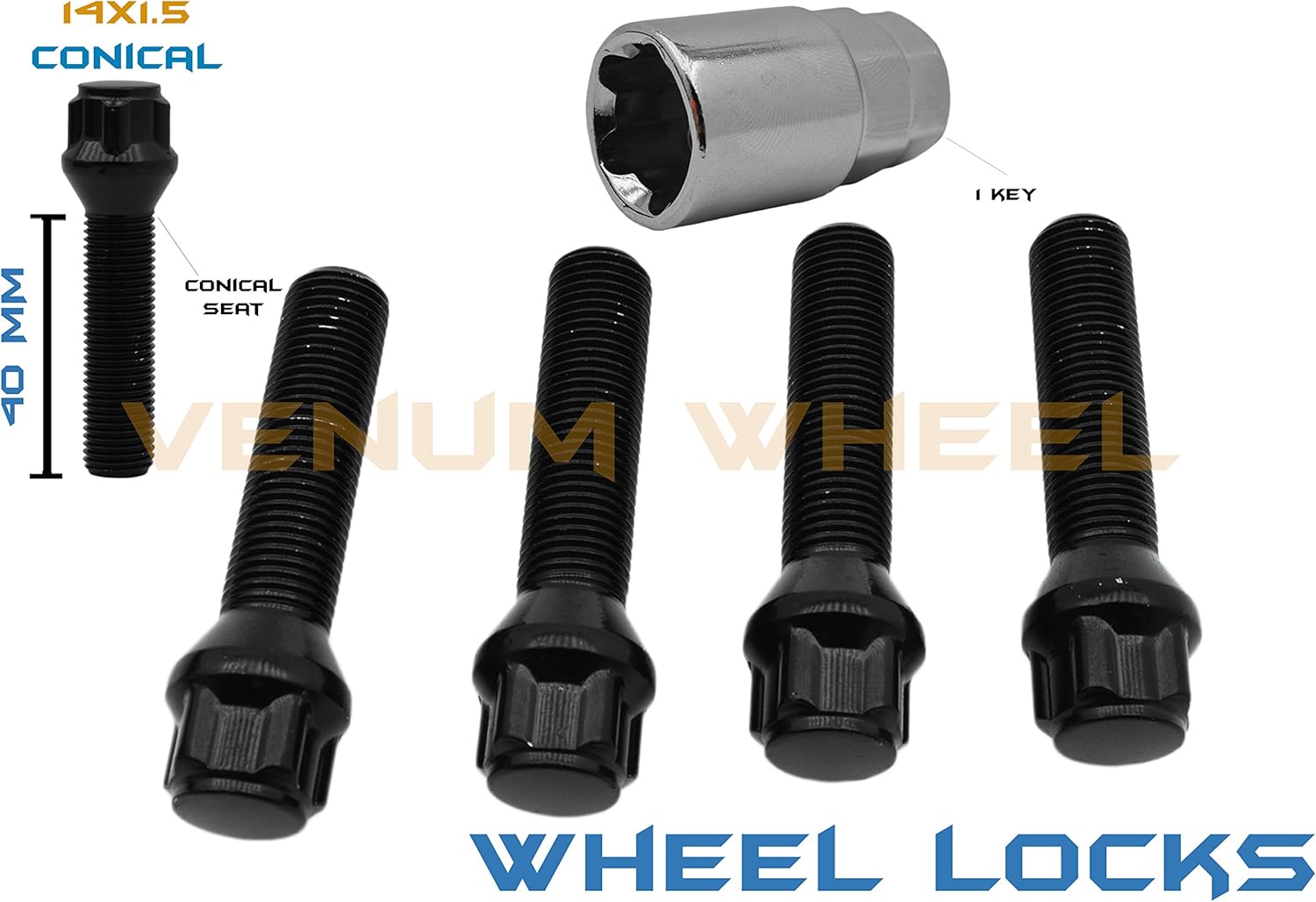 Amazon.com: 5 Pc Wheel Locks Black 14x1.5 Locking Bolts Lock Steel 40mm Extended Shank Lug Bolts ...
