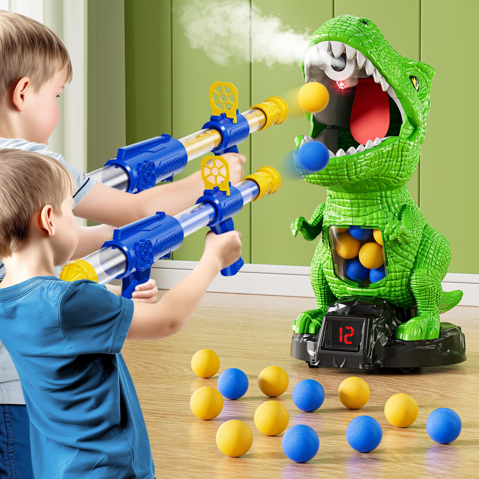 Foam Ball Shooter Dinosaur Shooting Game With 2 Air Pump Launchers ...