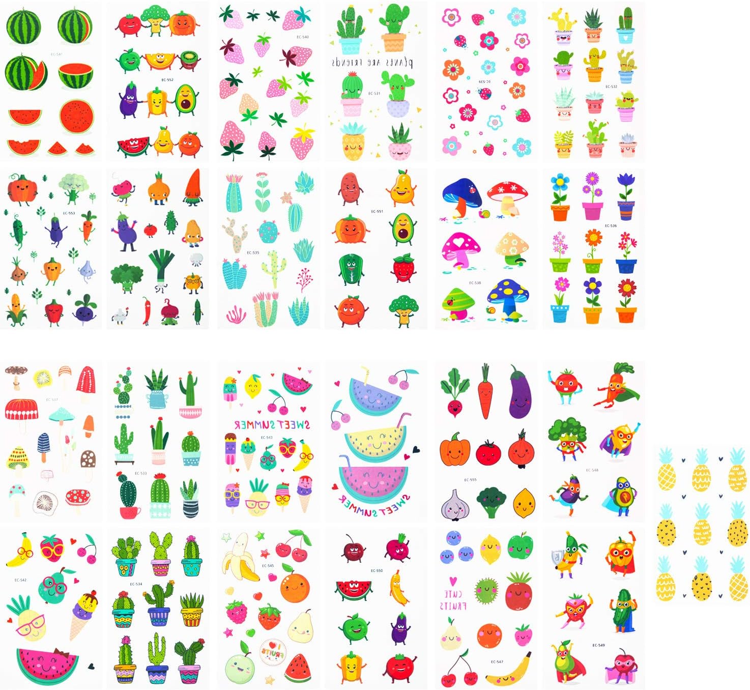 25 Sheets Waterproof Summer Temporary Tattoos Kids Fruits Vegetables ...
