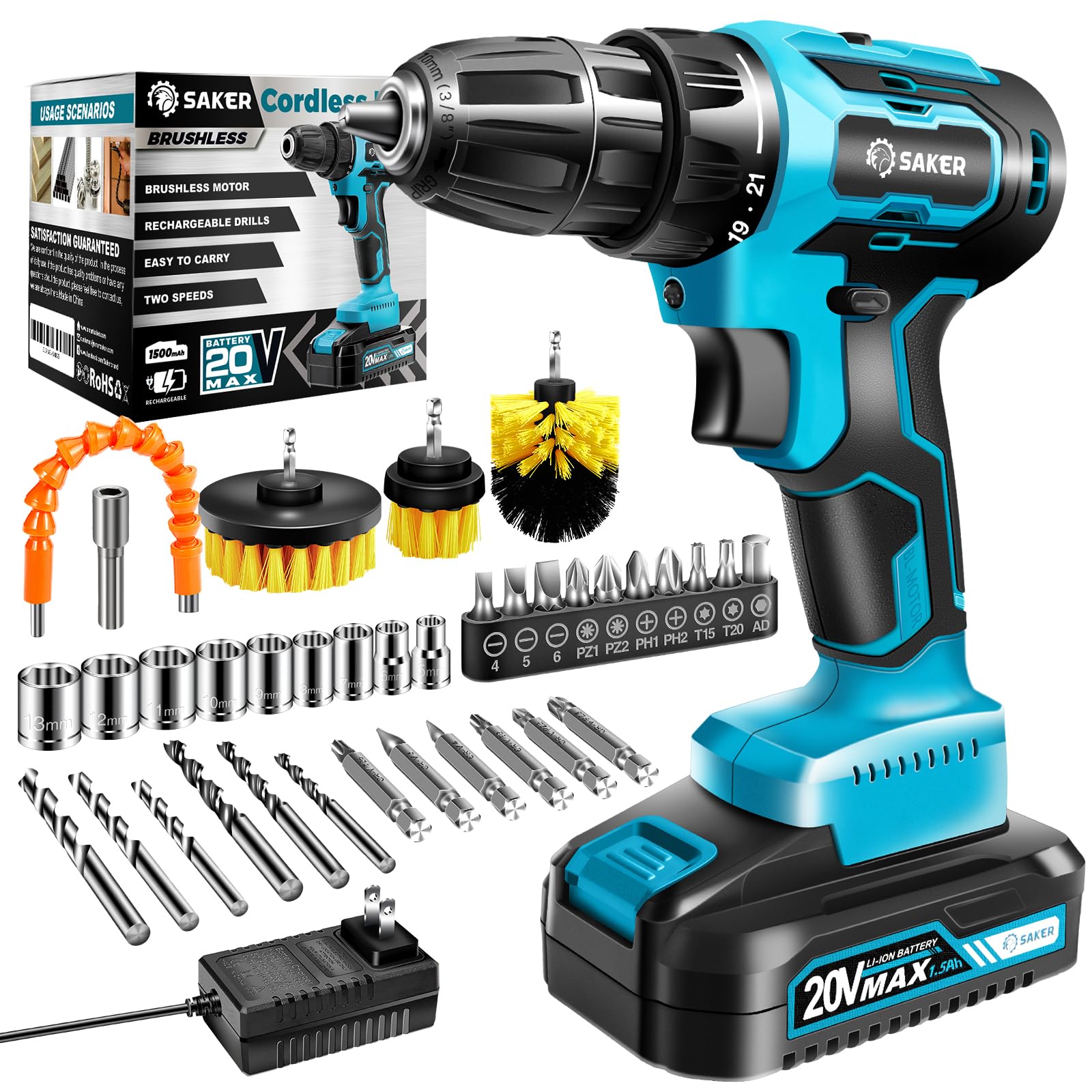 Saker Cordless Drill Set, Brushless 20V Electric Drill with Drill Bits ...