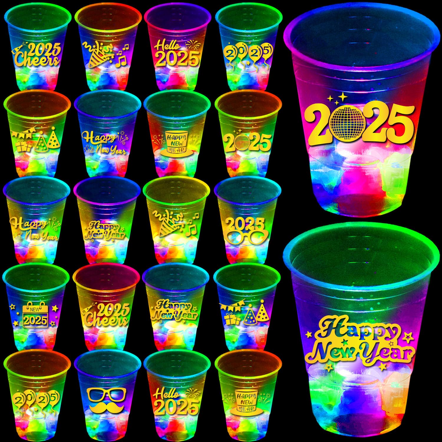 mishunyus 40PCS 2025 Glowing Happy New Year Party Cups Glow in the Dark ...